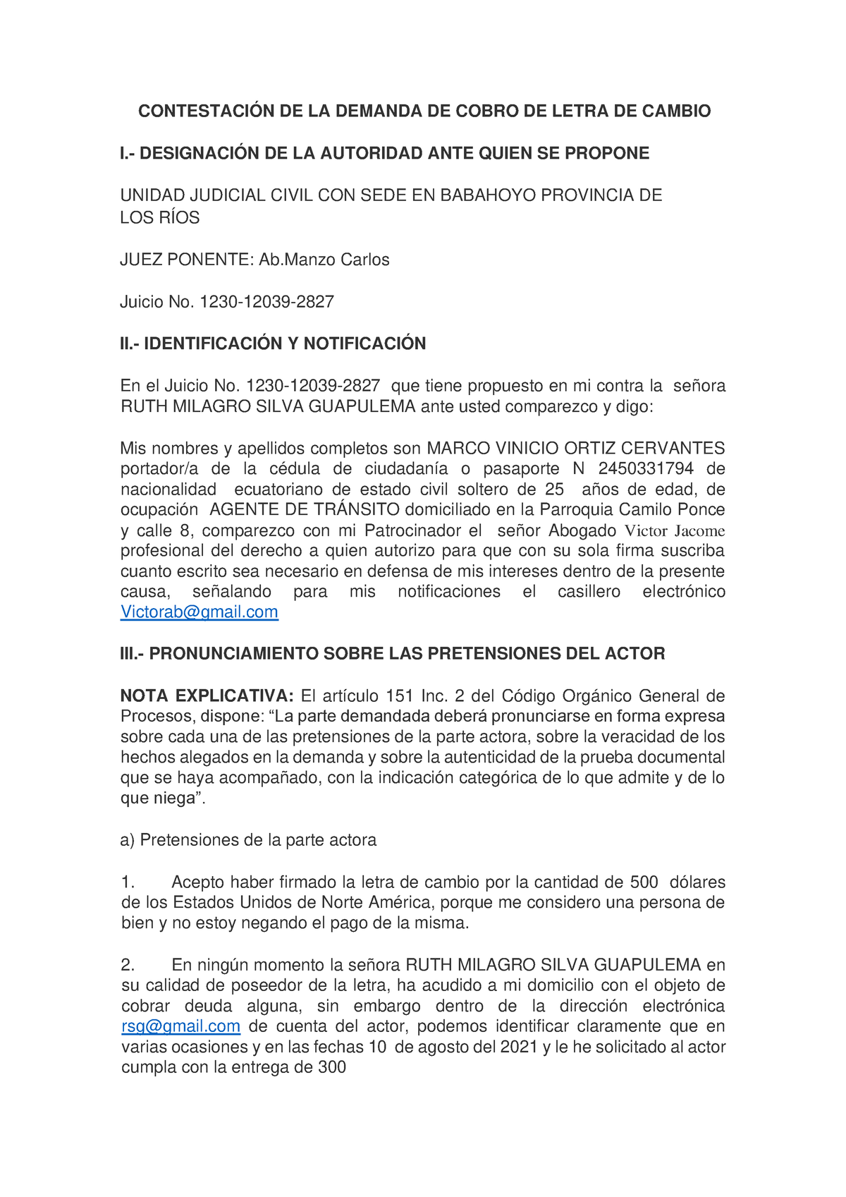 Demanda Título Ejecutivo ContestaciÓn De La Demanda De Cobro De Letra