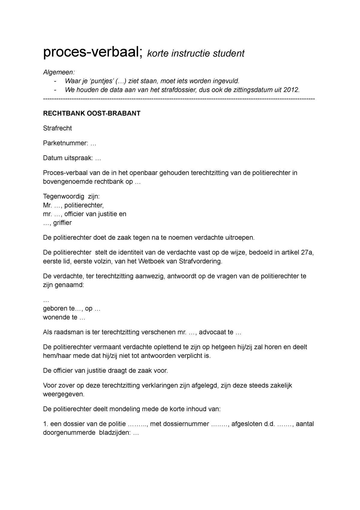 Model Procesverbaal Proces Verbaal Korte Instructie Student Algemeen