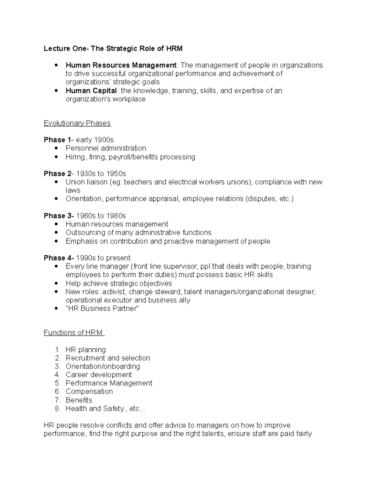 Lecture One Notes Lecture The Strategic Role Of Hrm Human Resources