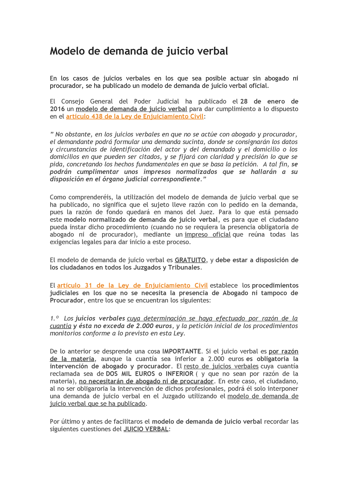 Modelo De Demanda De Juicio Verbal El Consejo General Del Poder