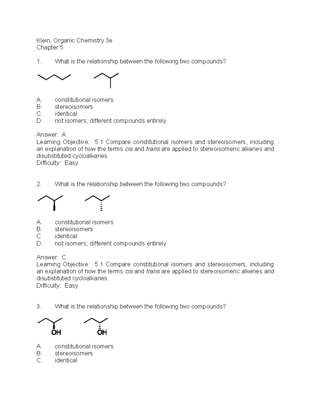 Chapter 5 Organic Chemistry Test Bank Questions For Klein Orgo 3rd