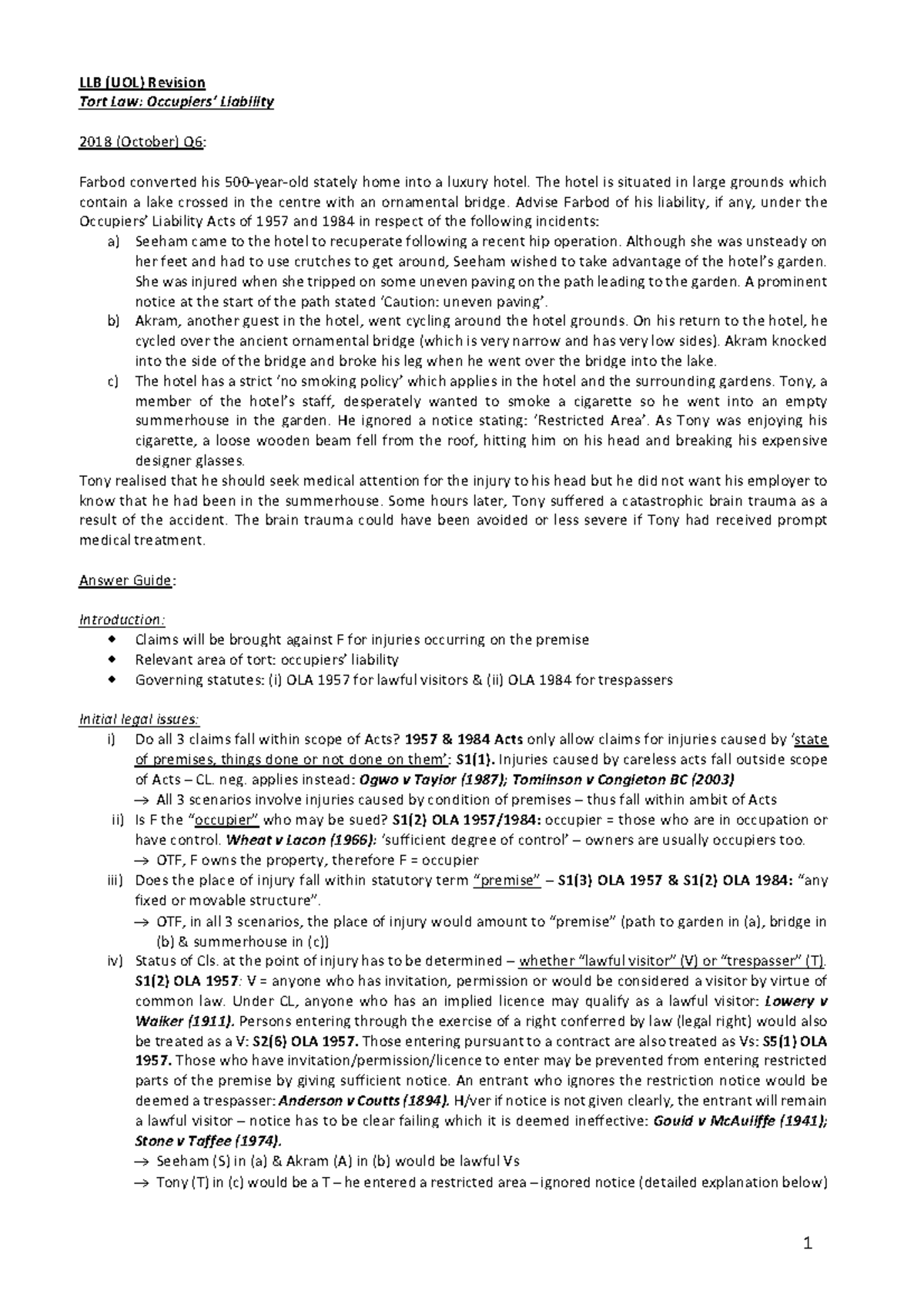 Occupiers Liability Llb Uol Revision Tort Law Occupiers Liability