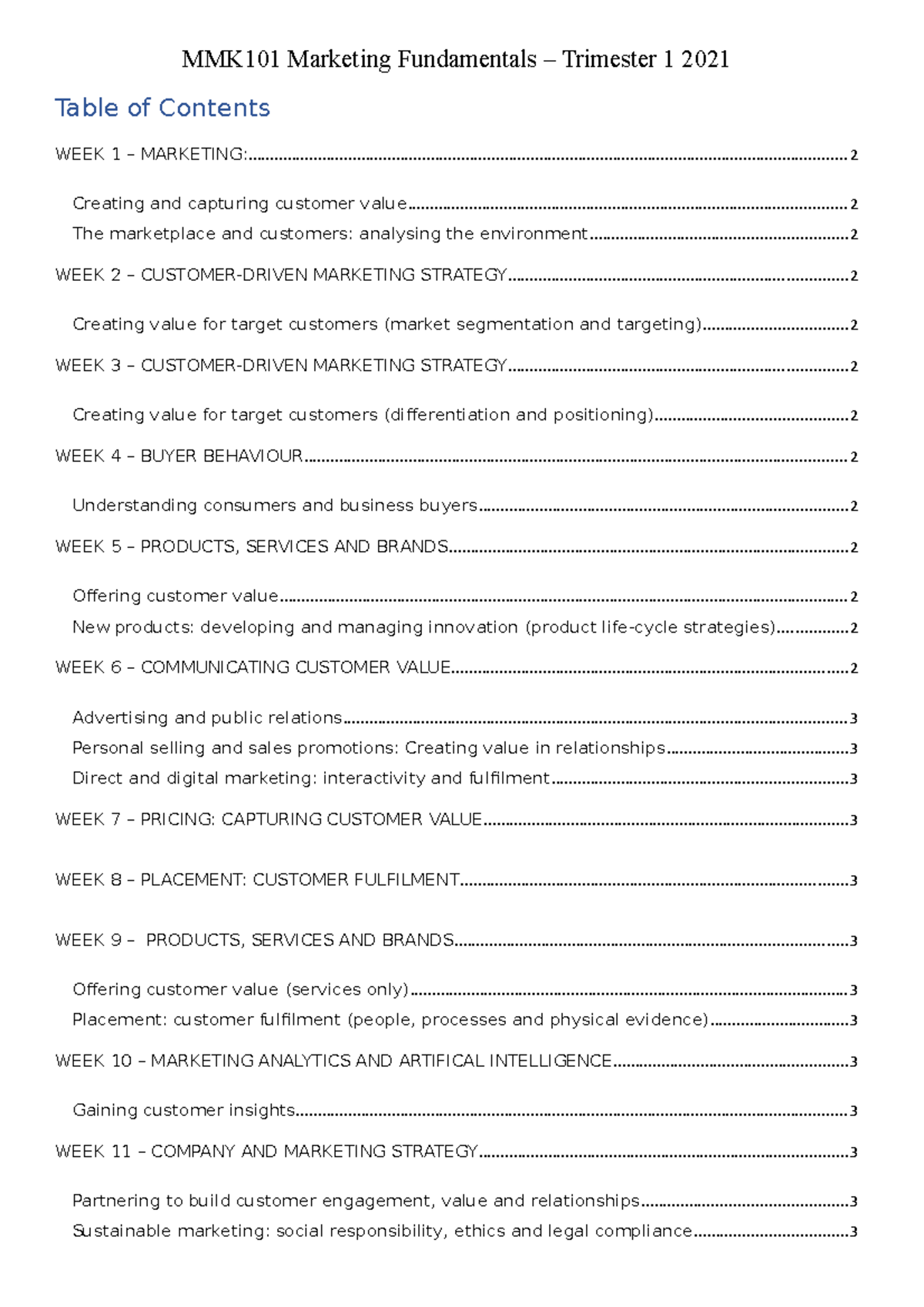 Mmk101 Marketing Fundamentals Notes Table Of Contents Mmk101