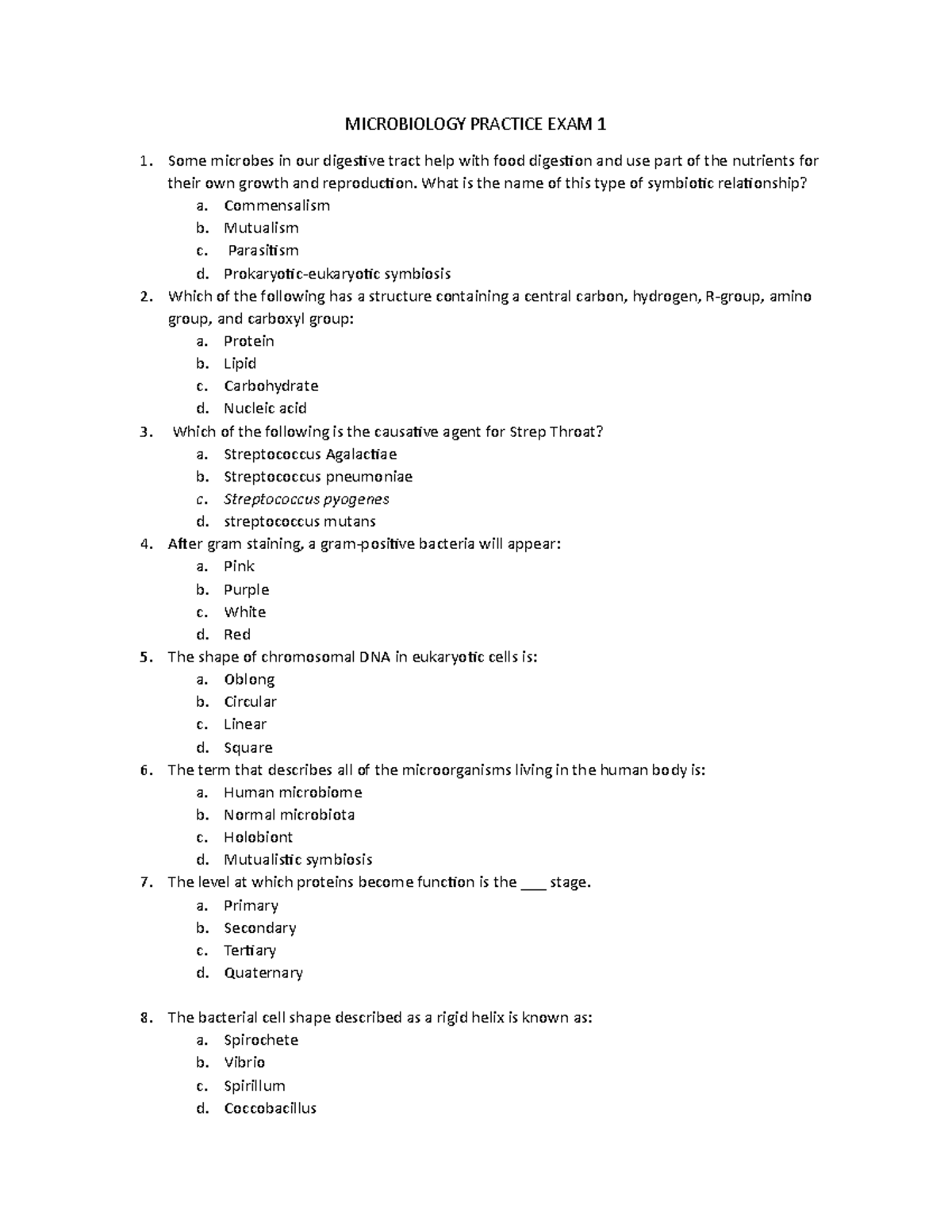 Practice Test 1 Study Review Test Microbiology Practice Exam 1 Some