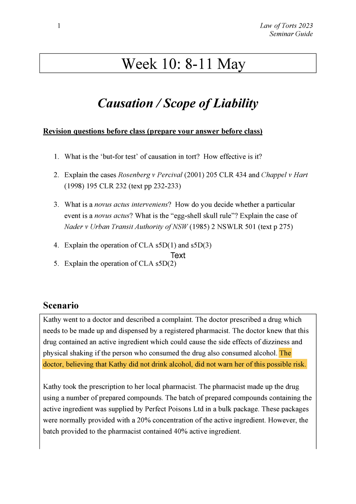 2023 Torts Seminar Week 10 Causation Scope Of Liability 1 Law Of