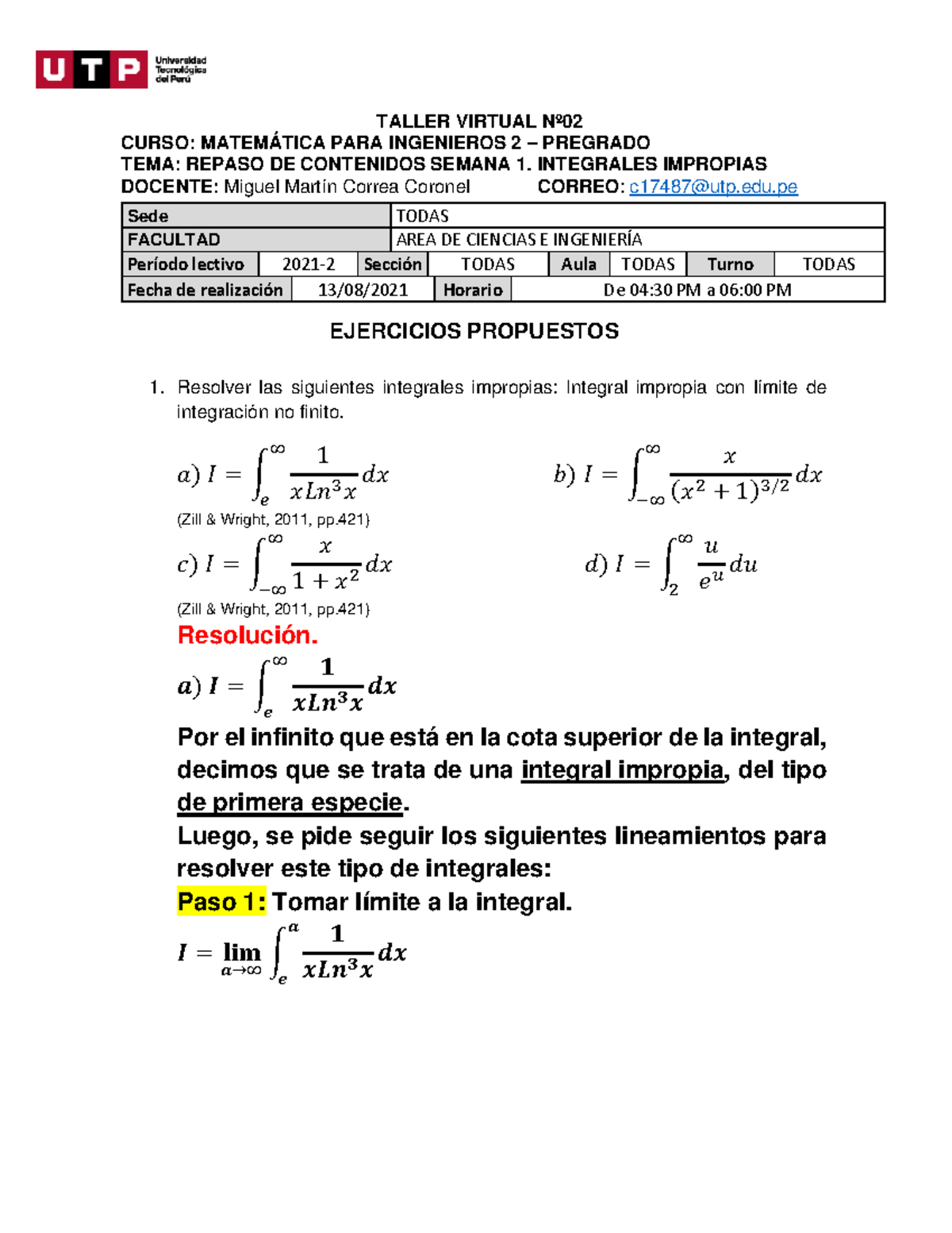 Talleres Pregrado Del Curso De Mate 2 Son Ejercicios Resueltos Y