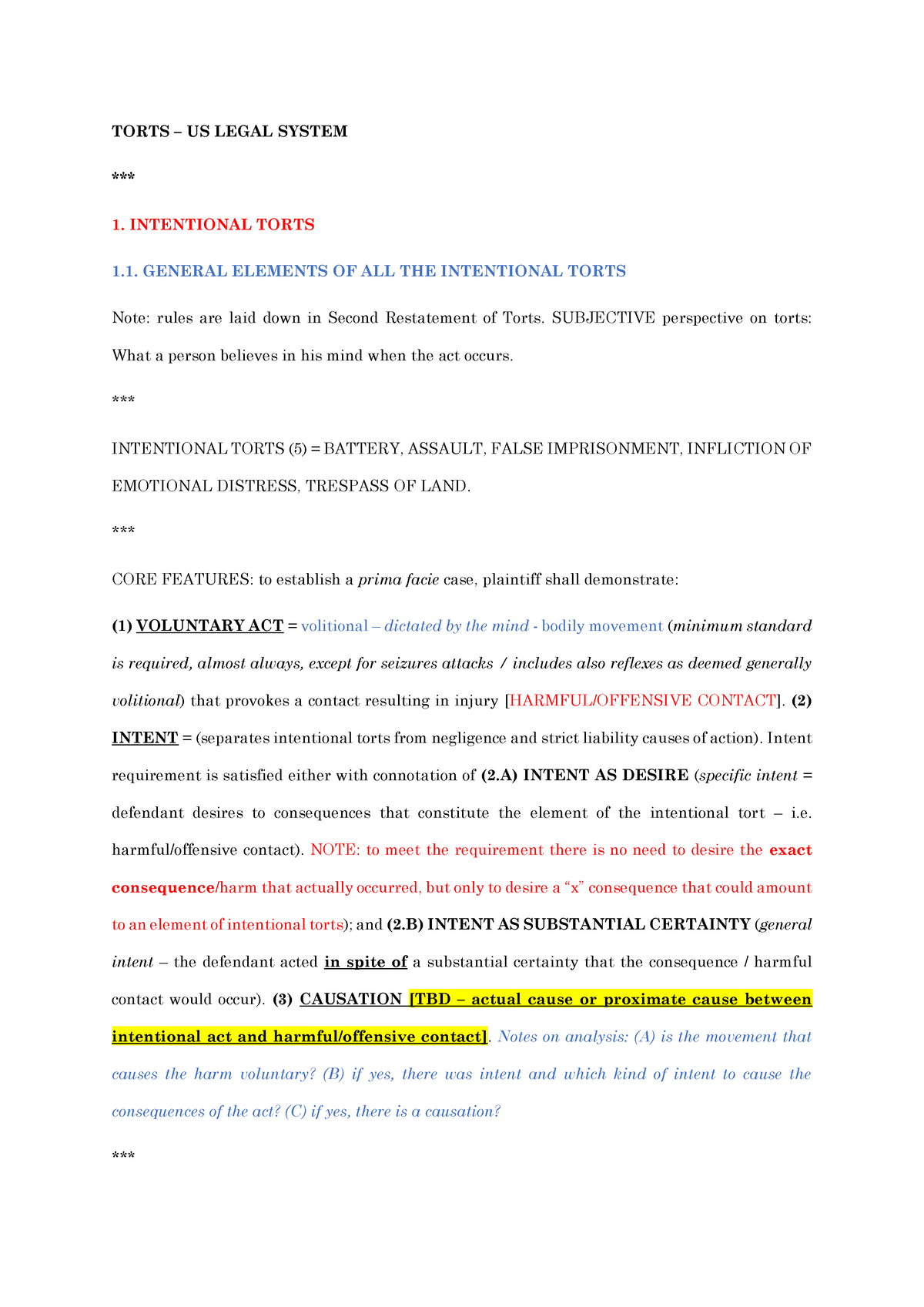 Torts Us Legal System 1 Intentional Torts 11 General Elements Of All