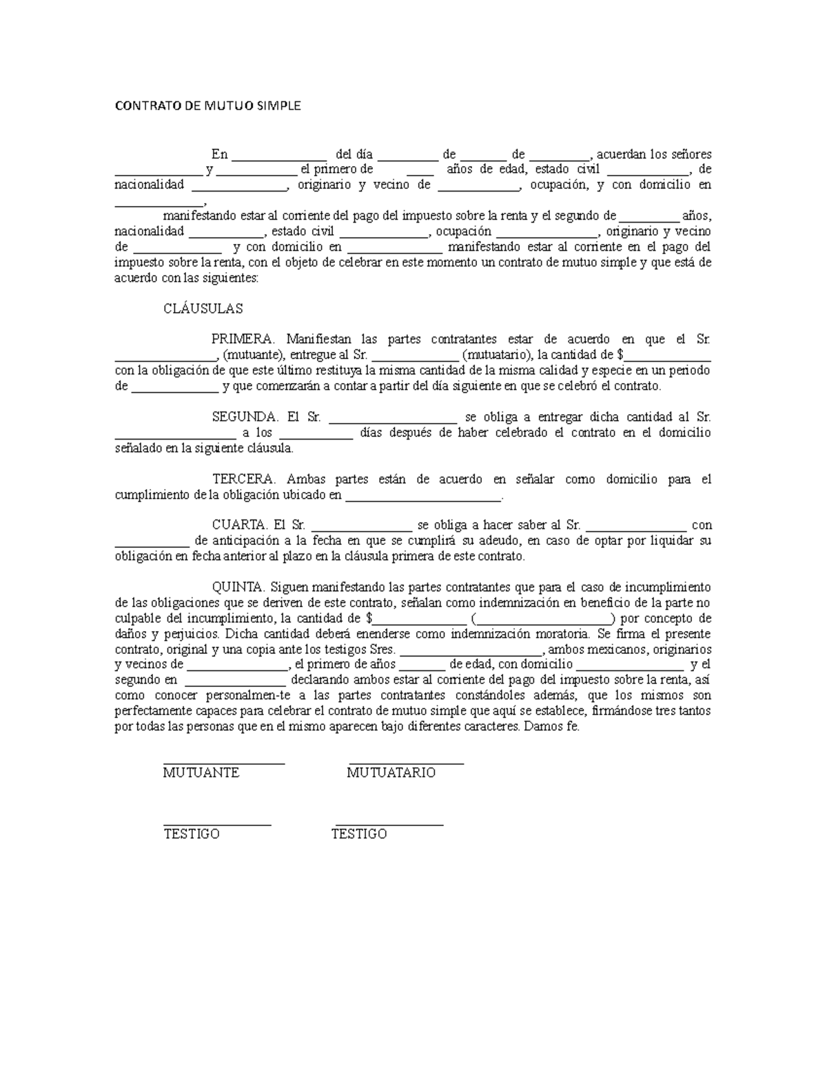 Contrato De Mutuo Simple Contrato De Mutuo Simple En