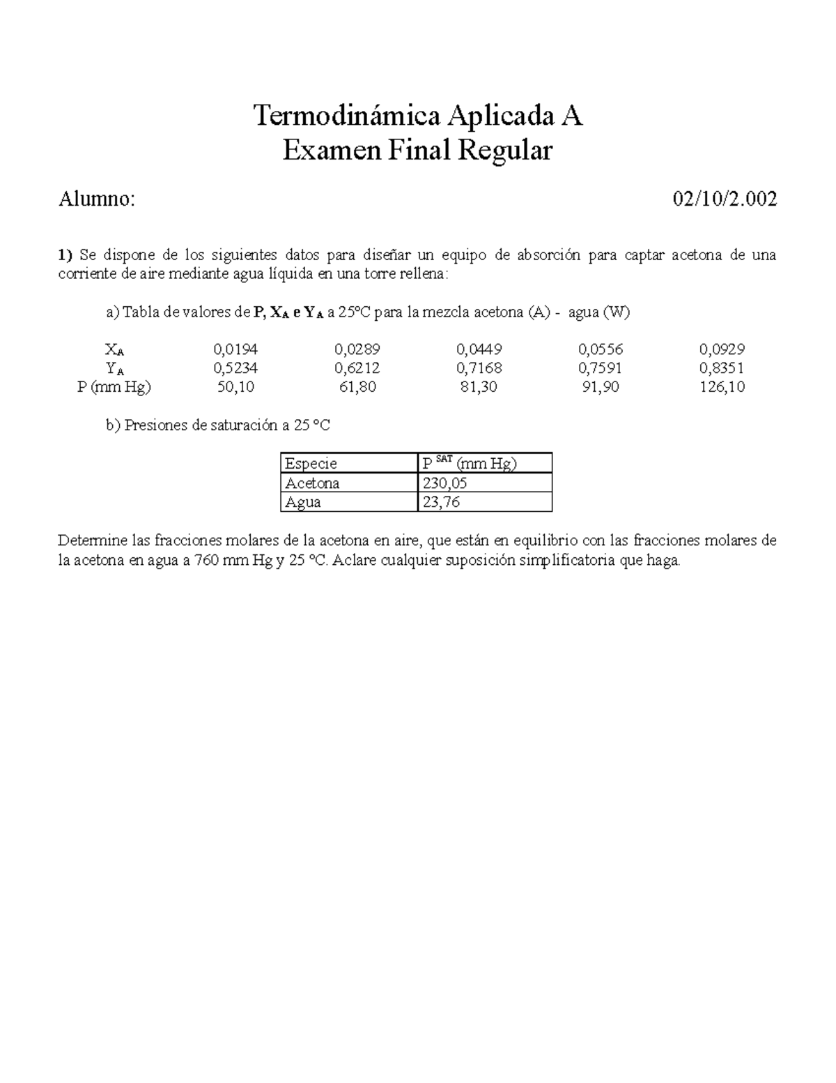 Examen Final Octubre Termodinámica Aplicada A Examen Final Regular