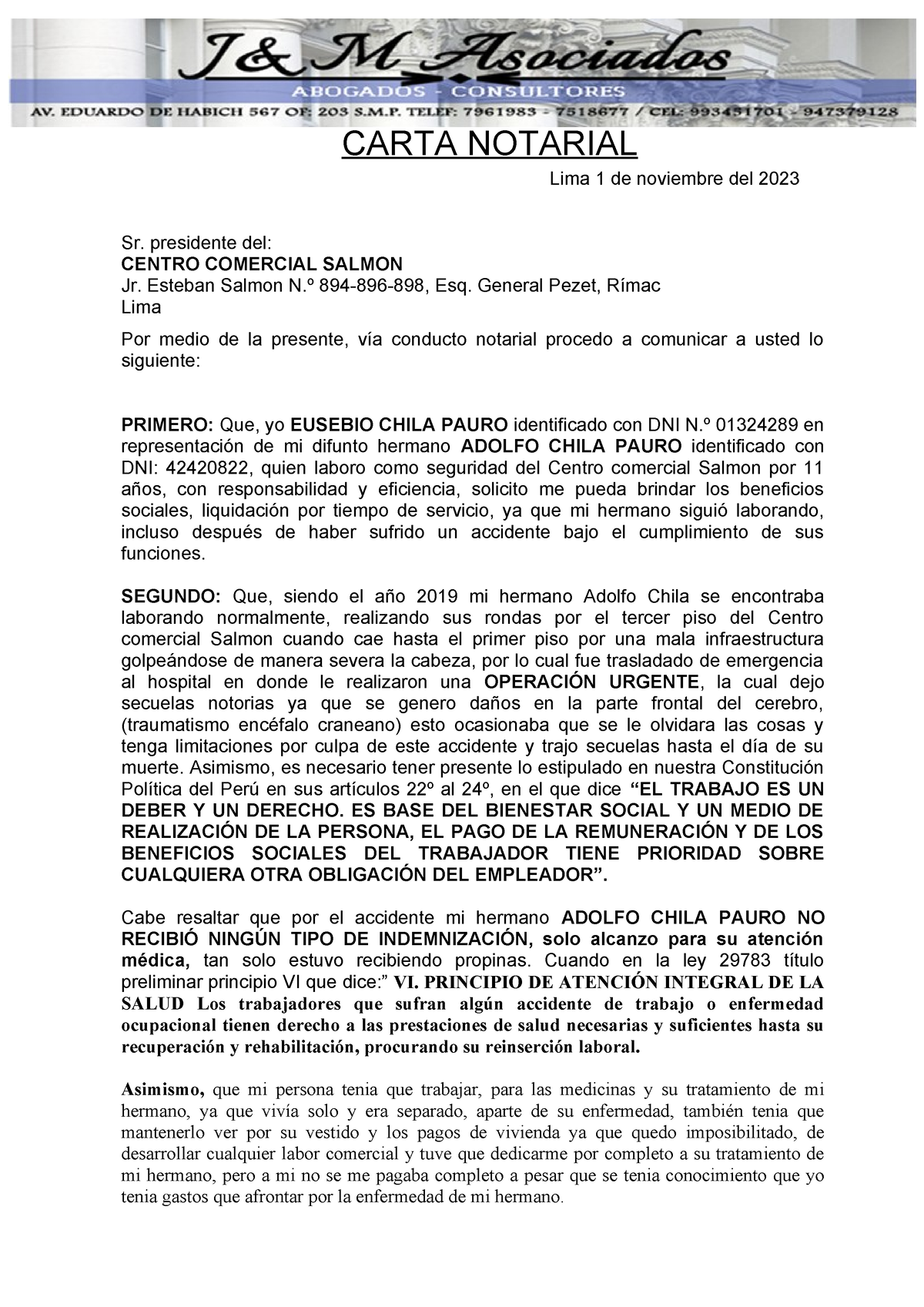 Carta Notaria Modelo Lima 1 De Noviembre Del 2023 Sr Presidente Del