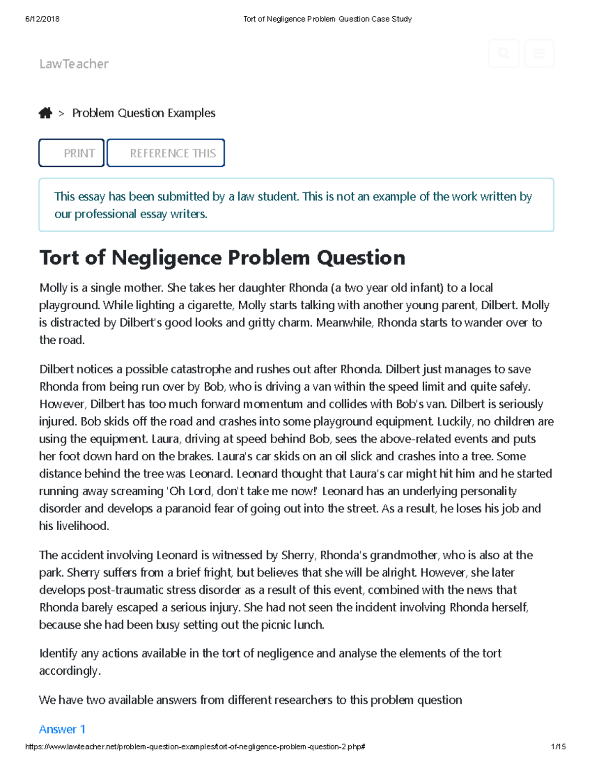 Tort Of Negligence Problem Question Case Study Problem Question