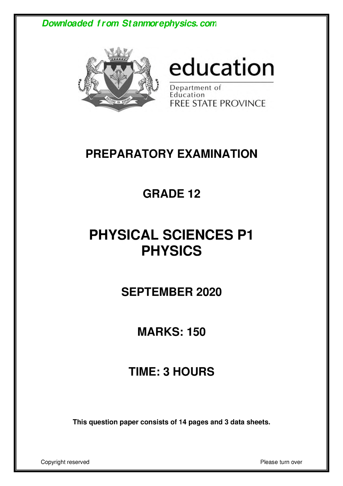 Physical Sciences Sept 2020 P1 And Memo Preparatory Examination Grade