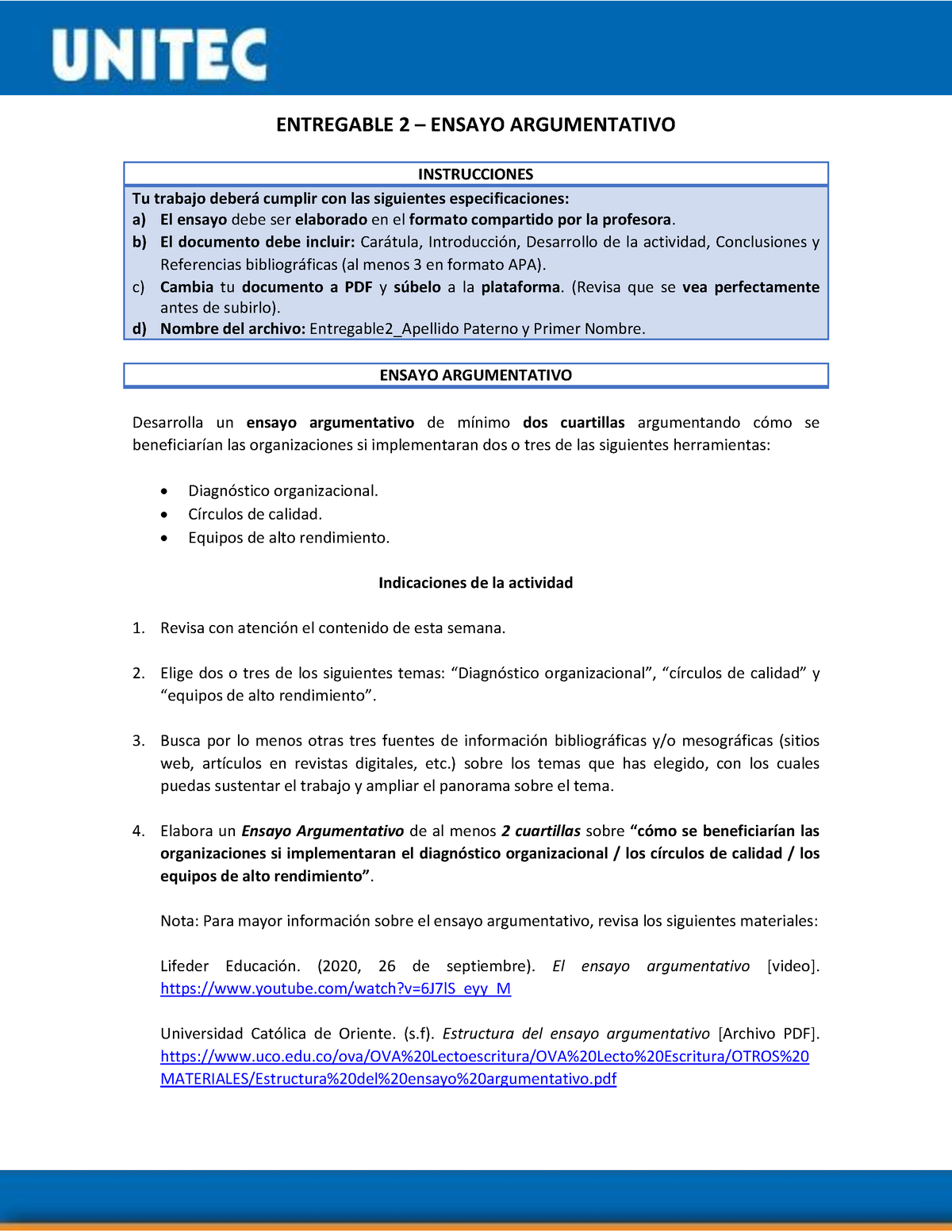 Instrucciones Entregable 2 Entregable 2 Ensayo Argumentativo