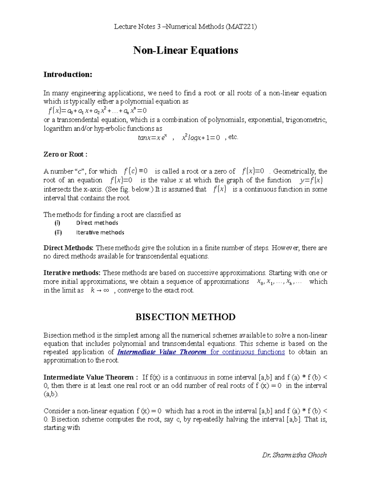 L3 Introduction To Non Linear Equations And Bisection Method Lecture