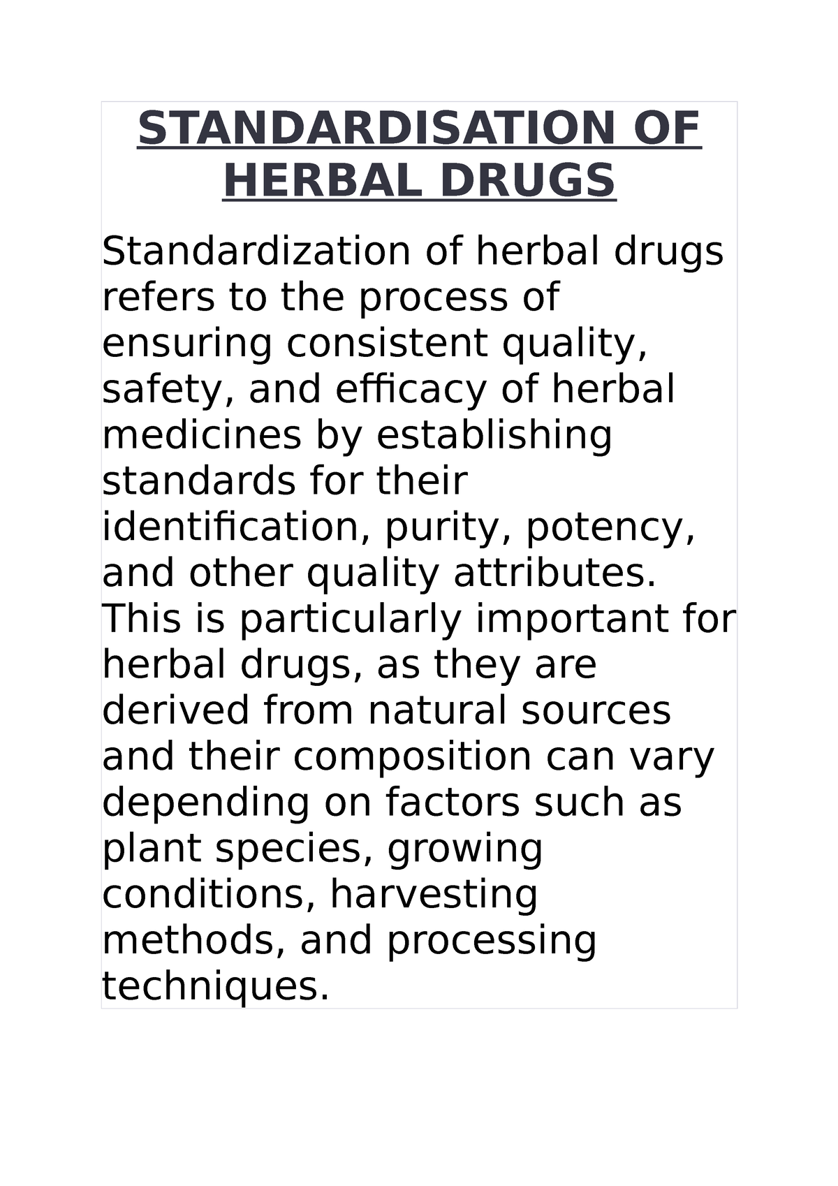 Standardisation Of Herbal Drugs Standardisation Of Herbal Drugs