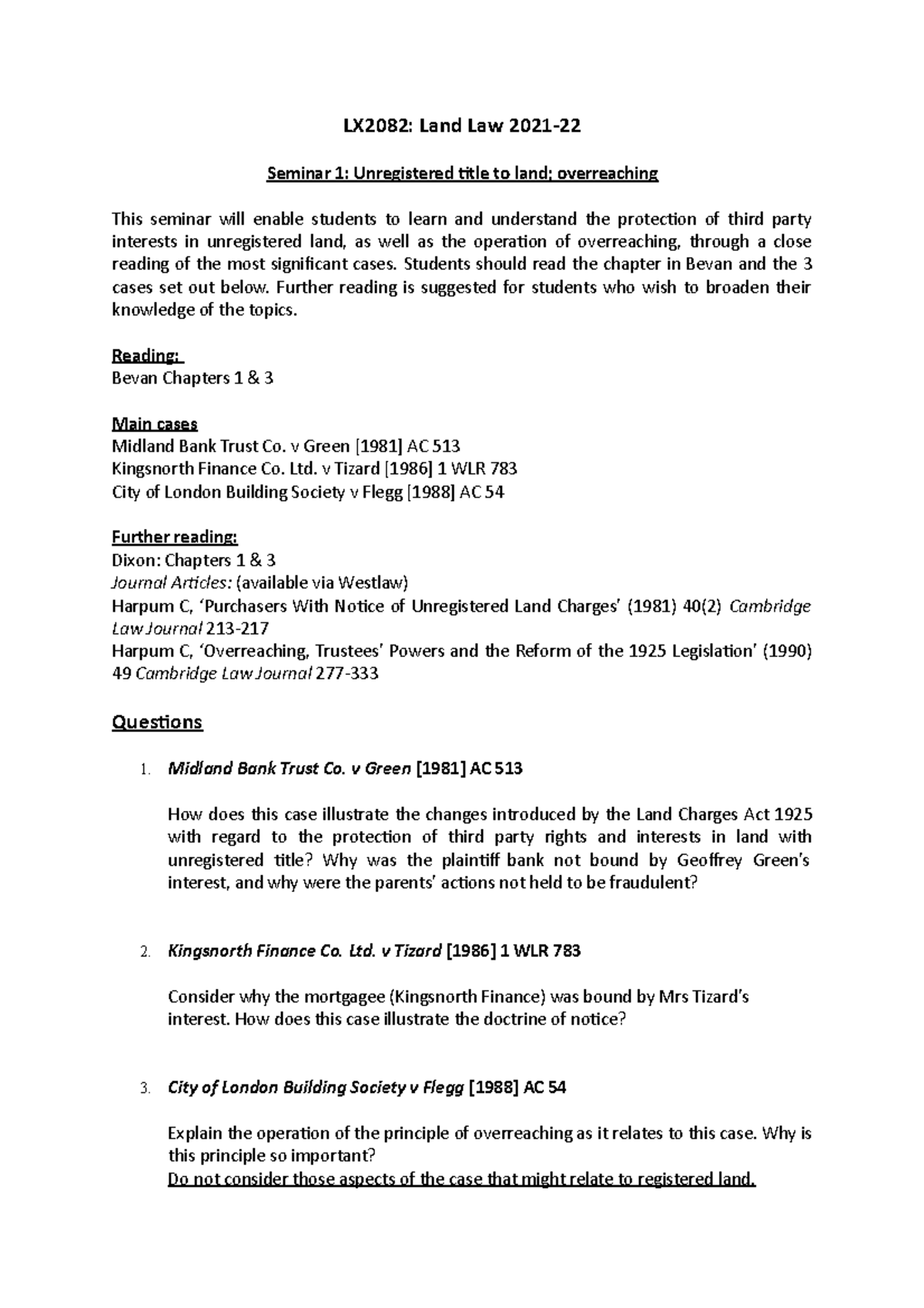 Land Law Seminar 1 Introduction To Land Law Lx2082 Land Law 2021