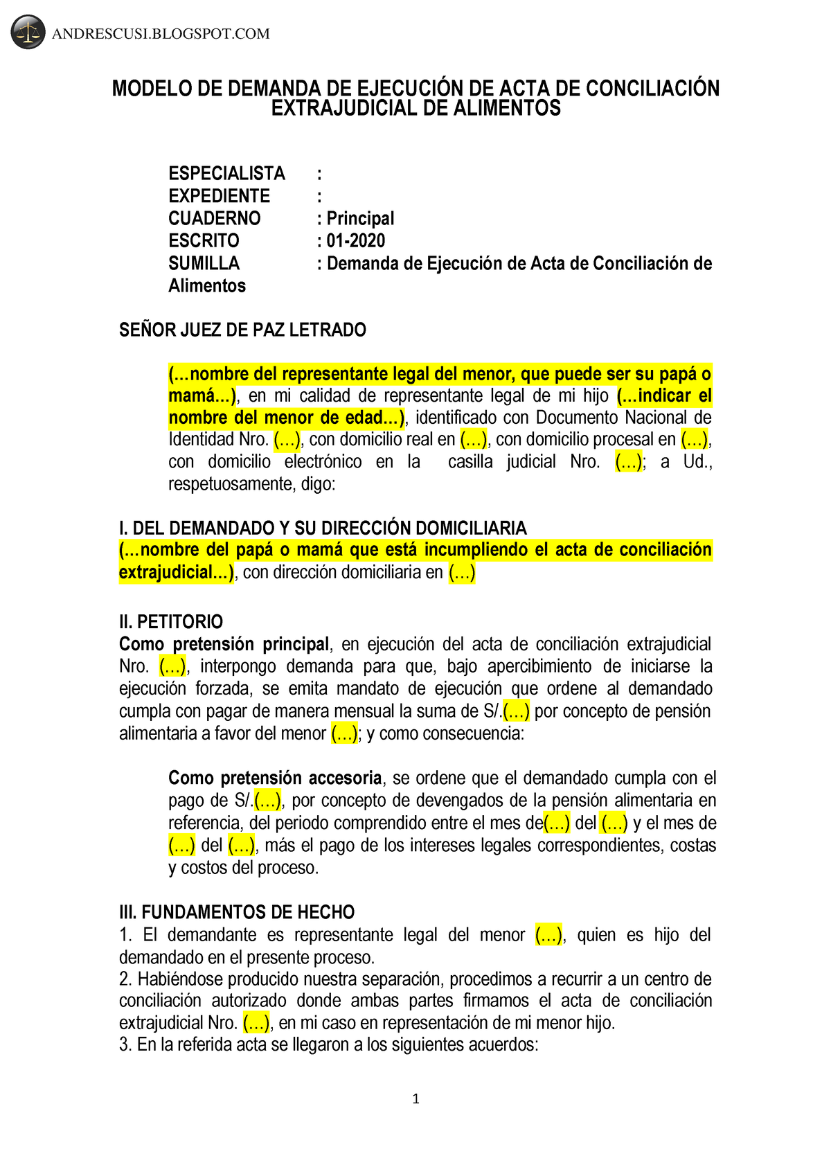 Modelo De Demanda De Ejecucion De Acta De Conciliacion De Alimentos 1