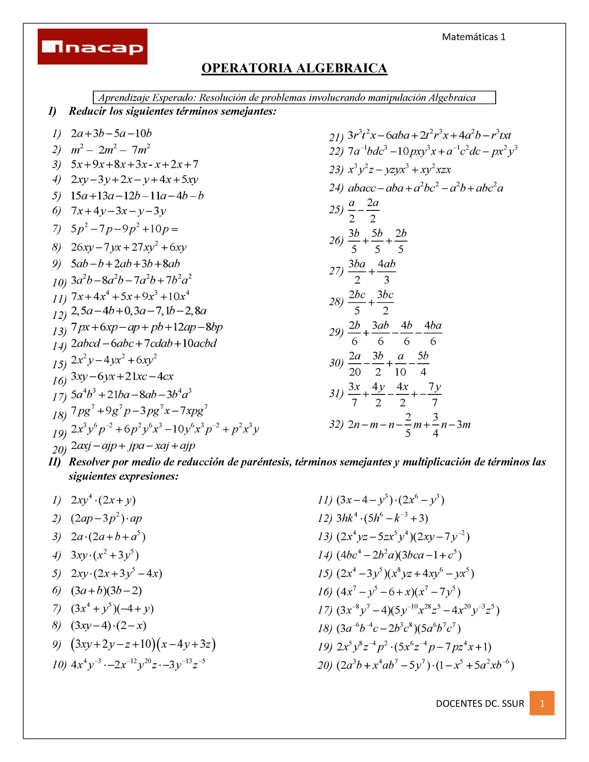 Guía N°1 Algebra Ejercicios Matemáticas 1 Operatoria Algebraica