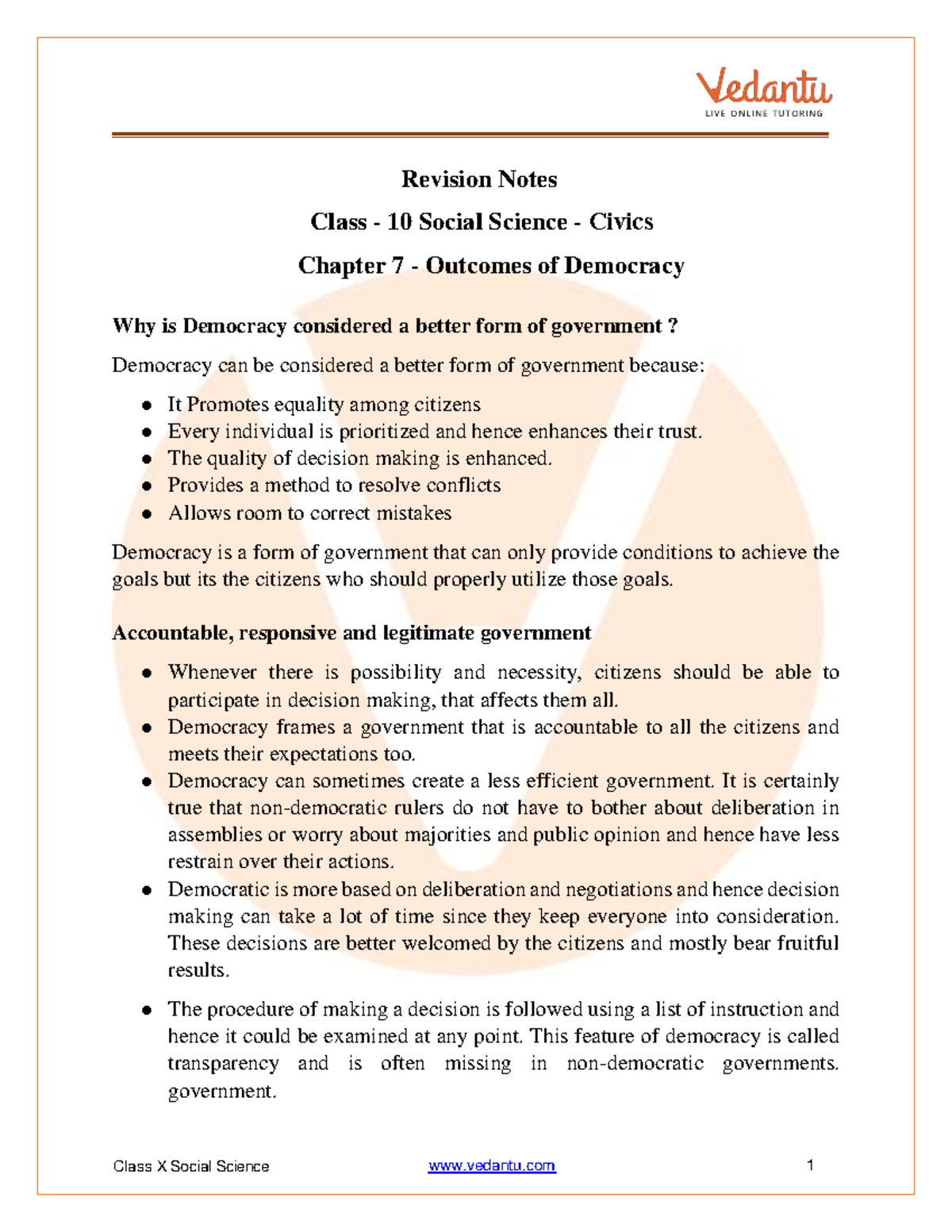 Cbse Class 10 Political Science Civics Chapter 7 Notes Outcomes Of