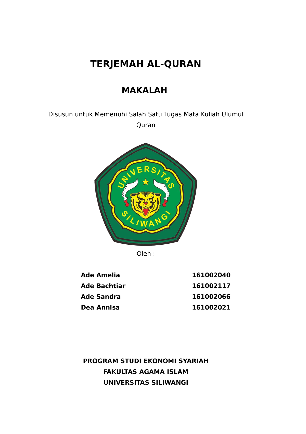 Makalah Terjemah Al Quran 1 Terjemah Al Quran Makalah Disusun Untuk