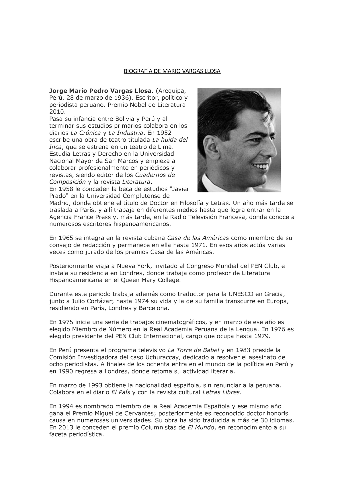 Biografia De Mario Vargas Llosa BiografÍa De Mario Vargas Llosa Jorge