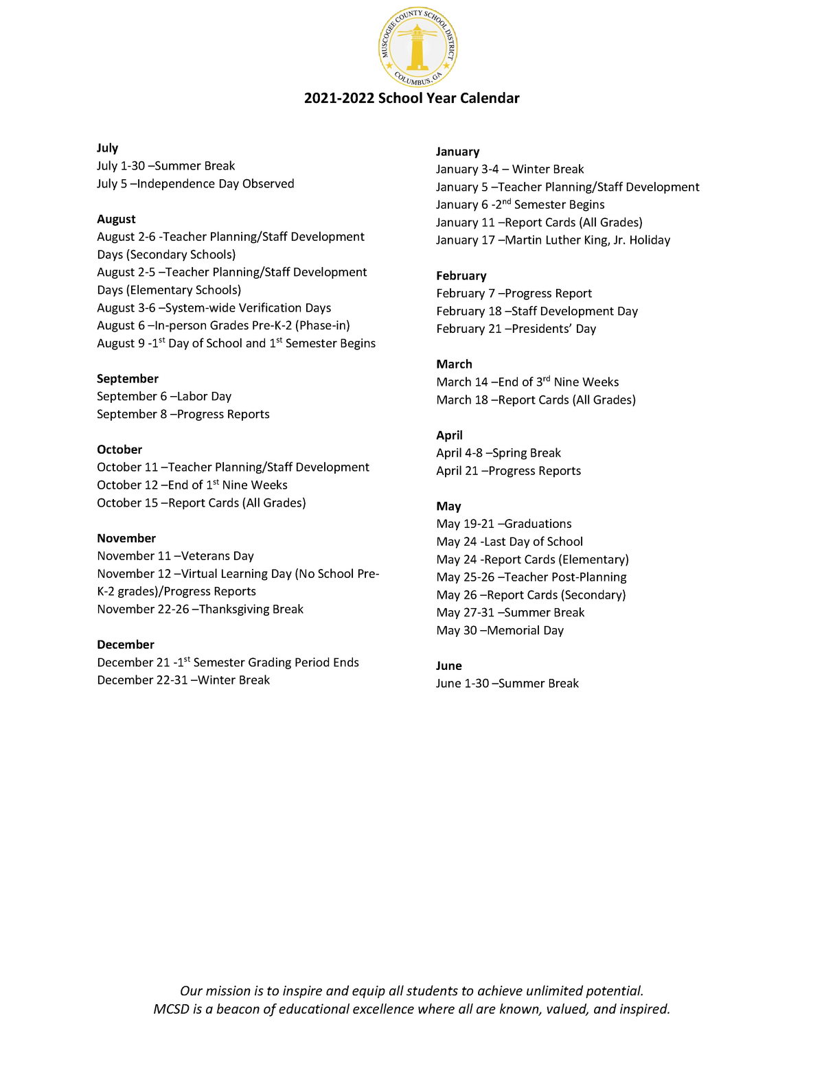 2021 2022 Calendar Combined 2021 2022 School Year Calendar Our