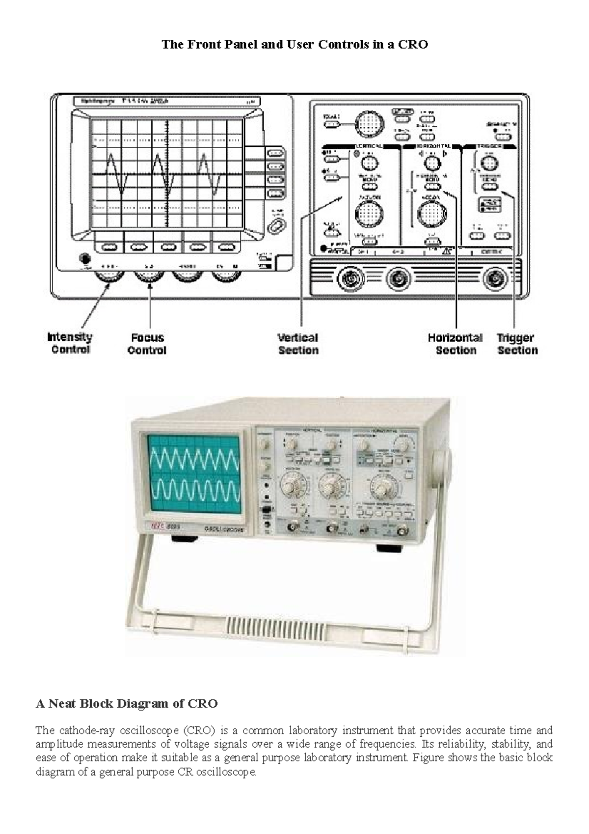 Cro Cathode Ray Oscilloscope Working The Front Panel And User