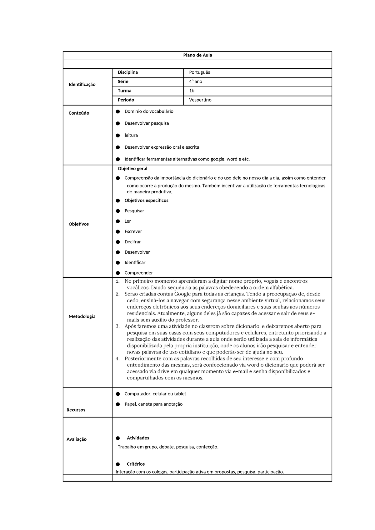 Modelodeplanodeaula 2 Plano De Aula Identificação Disciplina