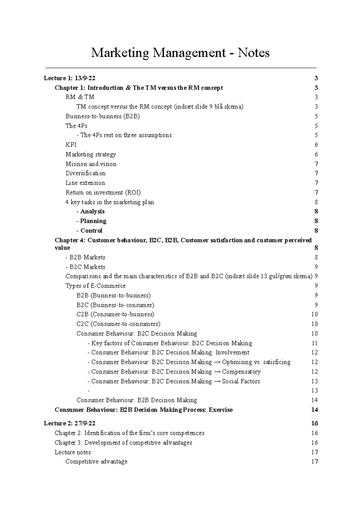 Marketing Management Lecture Notes 1 9 Marketing Management Notes