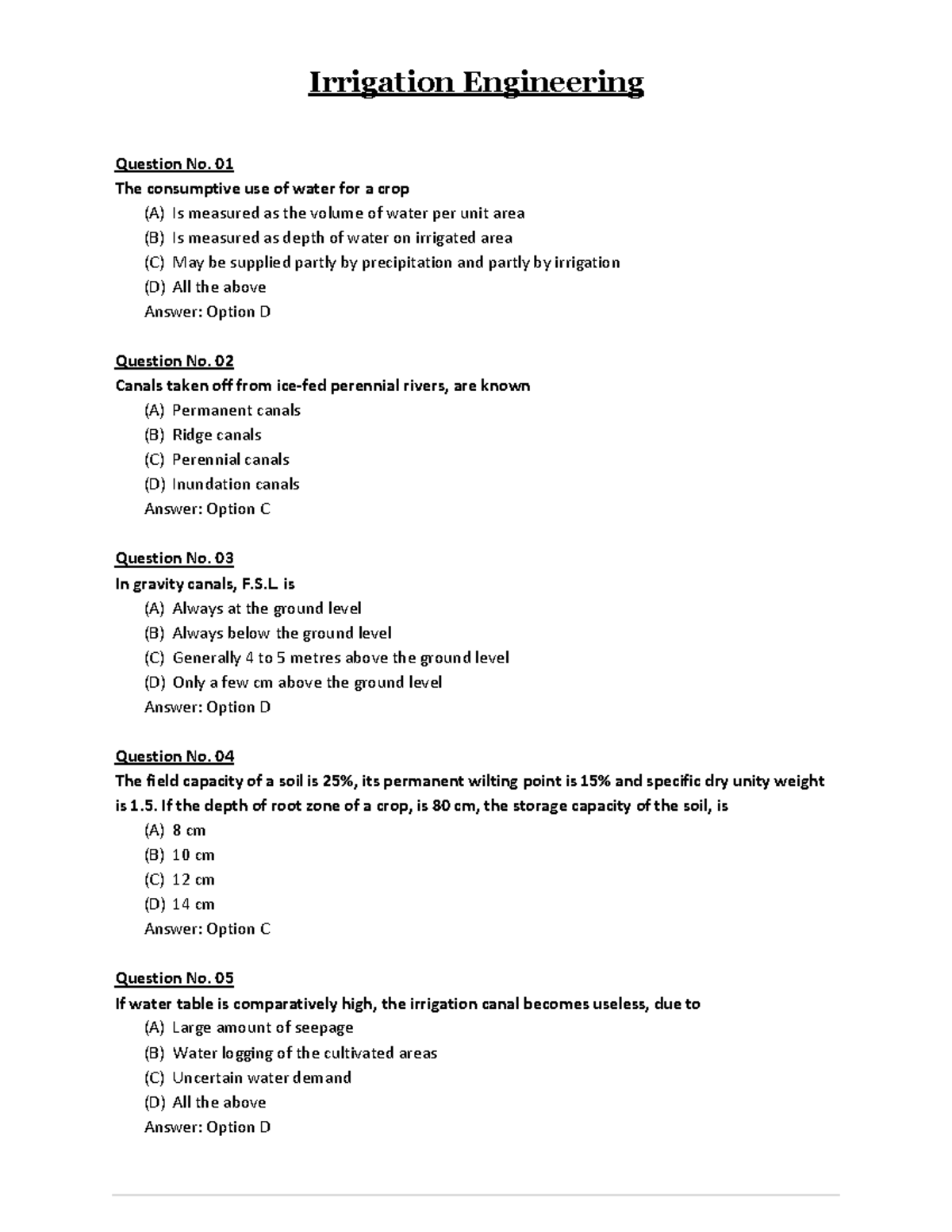 Irrigation Engineering Mcqs Pdf Irrigation Engineering Question No