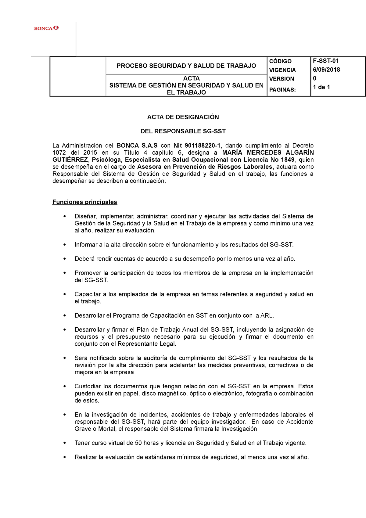 Carta De Asinacion Del Responsable Del Sg Sst Proceso Seguridad Y