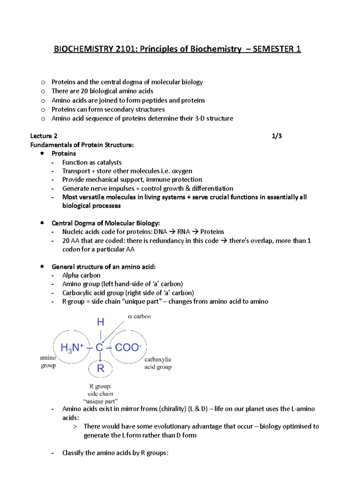 Biochemistry 2101 Lecture Notes Biochemistry 2101 Principles Of