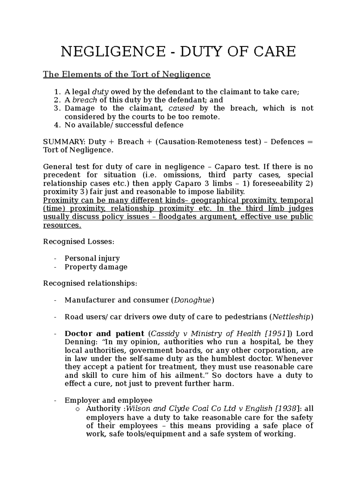 Duty Of Care Summary Of Duty Of Care Of The Law Of Negligence