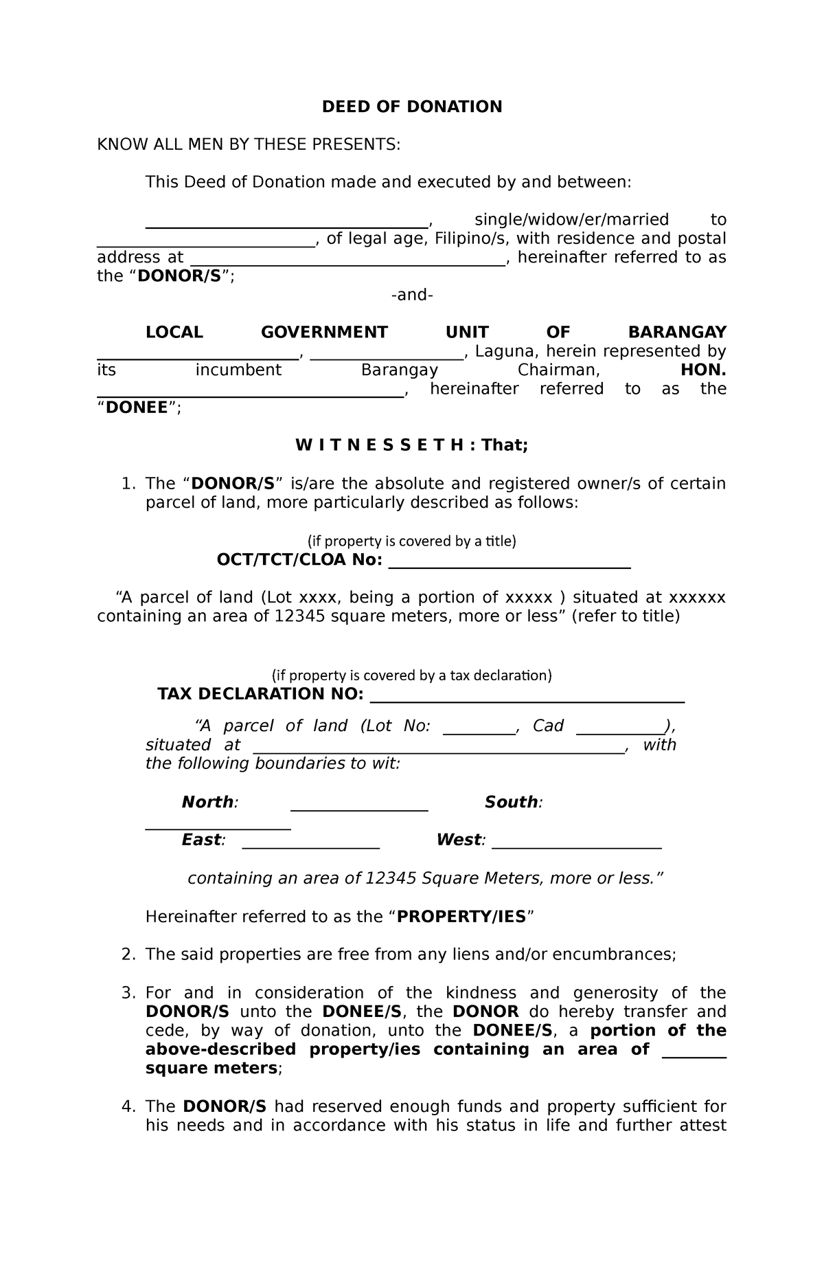 Blank Deed Of Donation To Brgy Deed Of Donation Know All Men By These