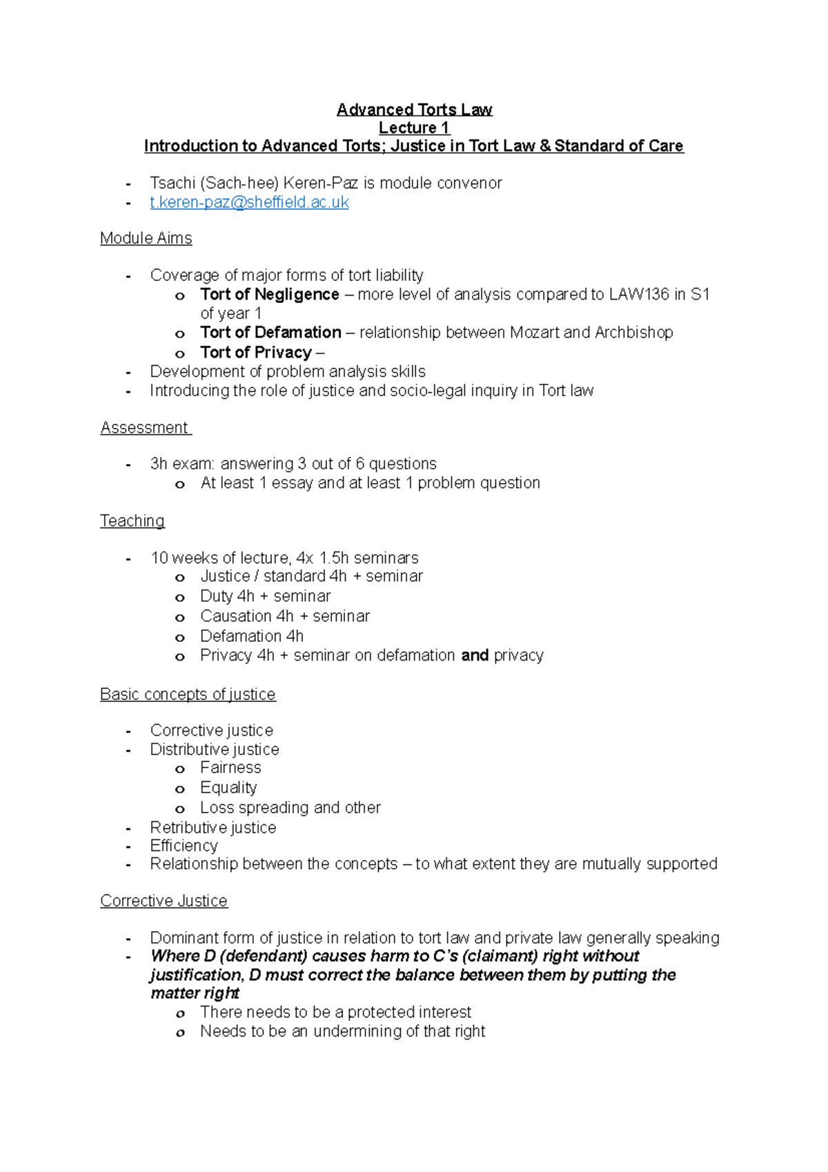 L1 Module Intro Notes Advanced Torts Law Lecture 1 Introduction To