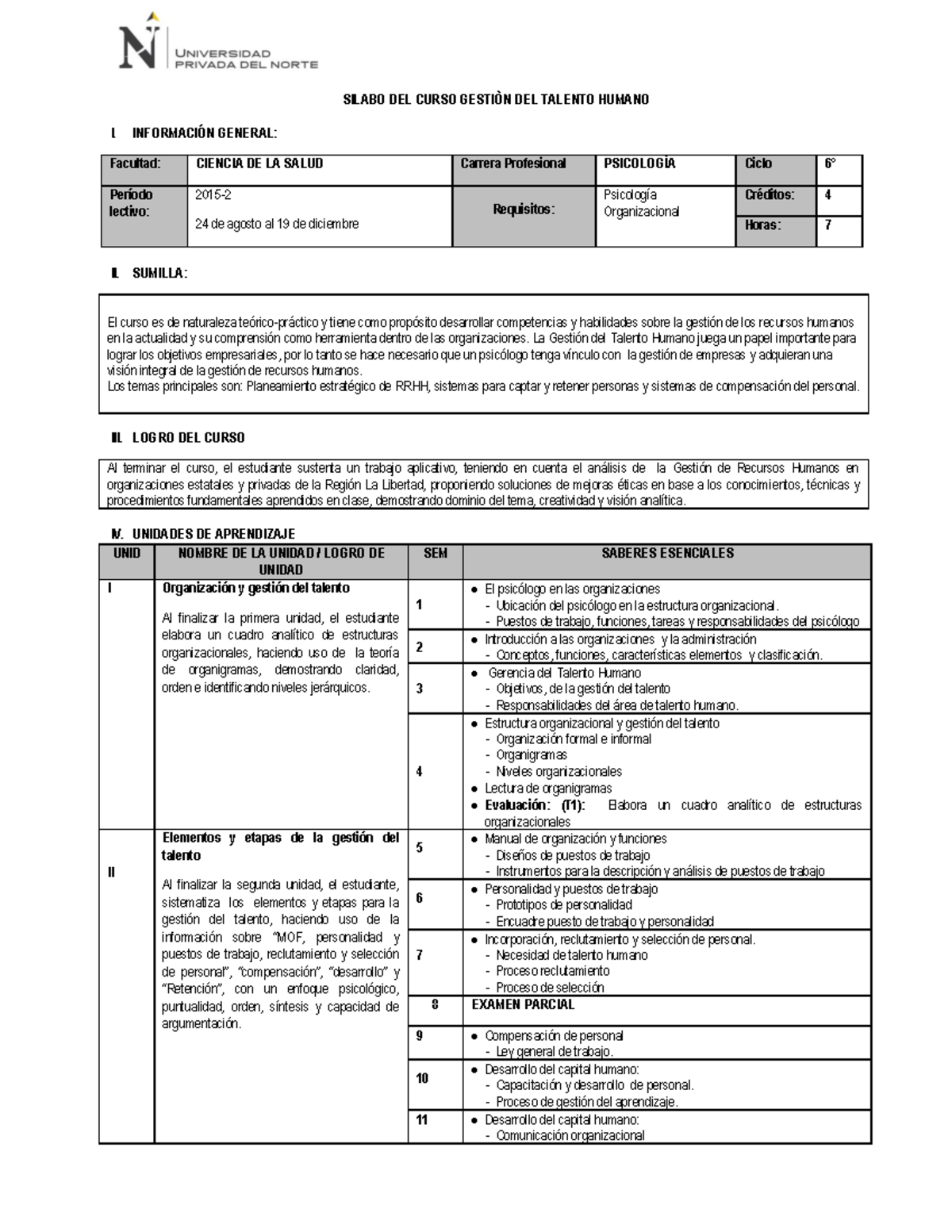 Psi Gestion Del Talento Humano 2015 2 Silabo Del Curso Gesti“n Del