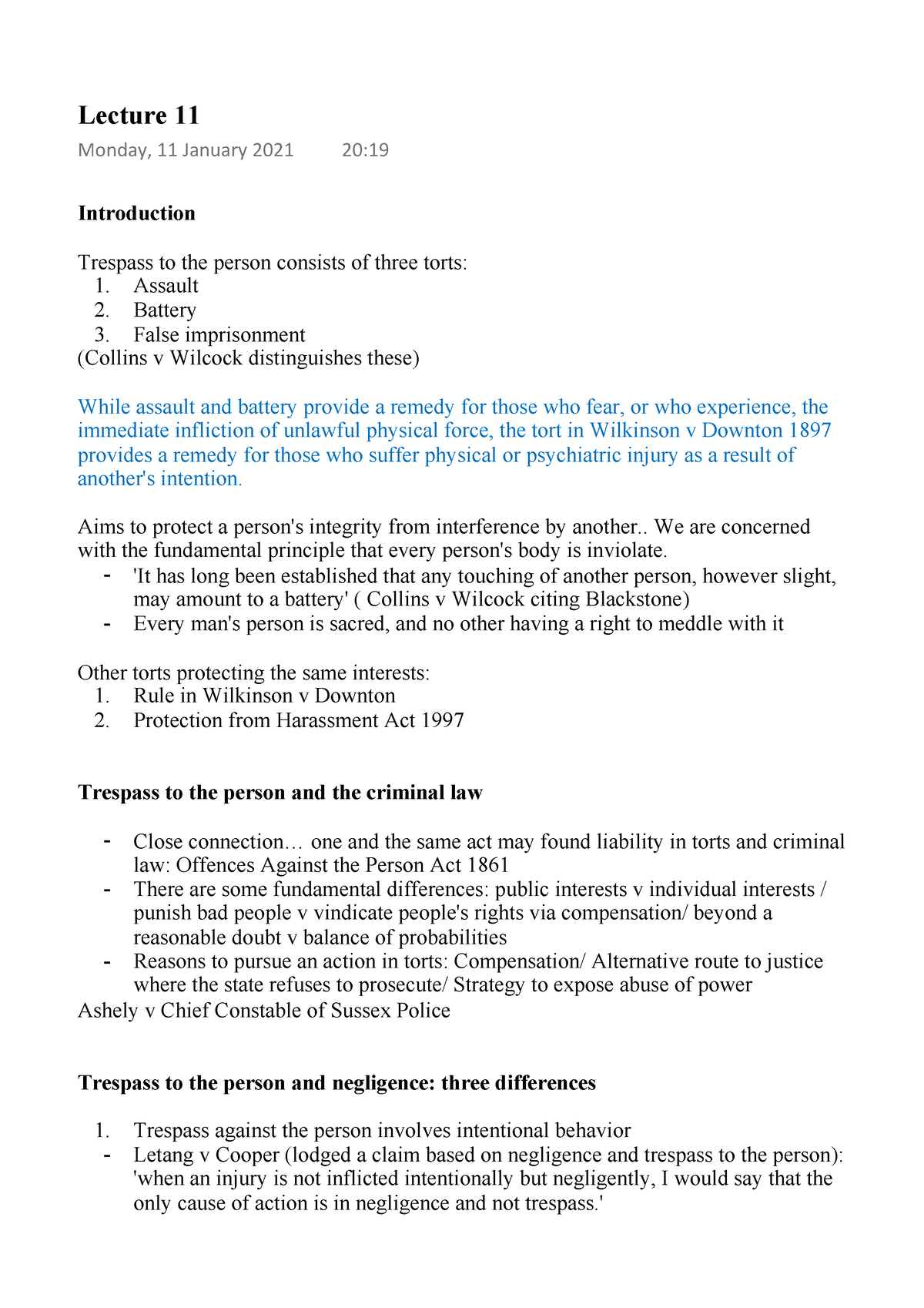 Lecture 11 Tort Law 2020 2021 Introduction Trespass To The Person