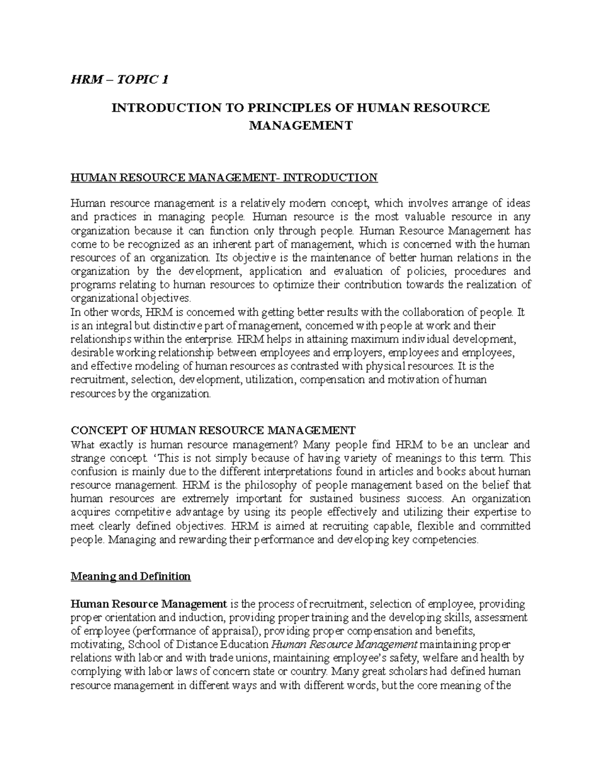 Hrm Introduction Notes One Hrm Topic 1 Introduction To Principles