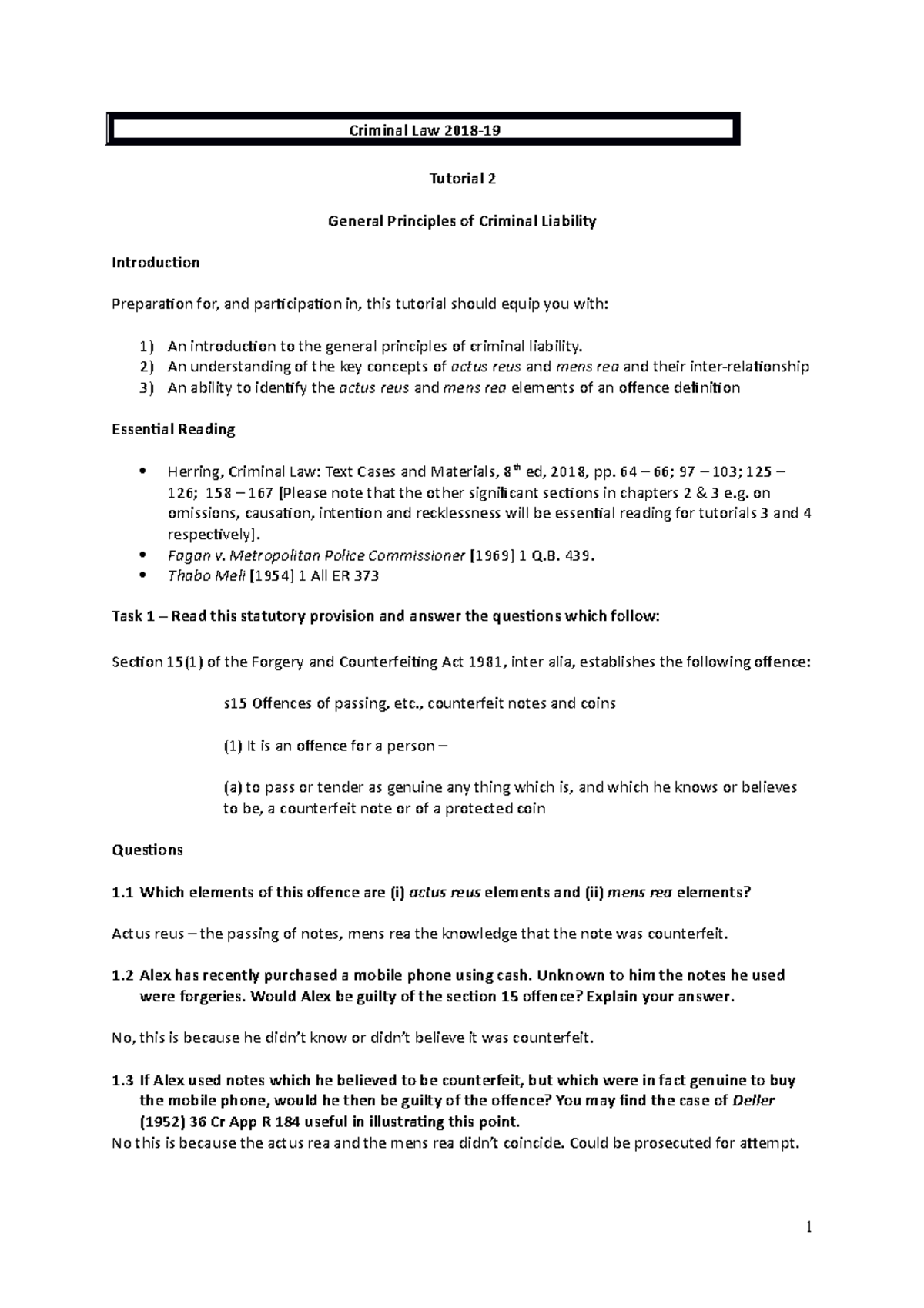 Tutorial 2 General Principles Criminal Law 2018 Tutorial 2 General