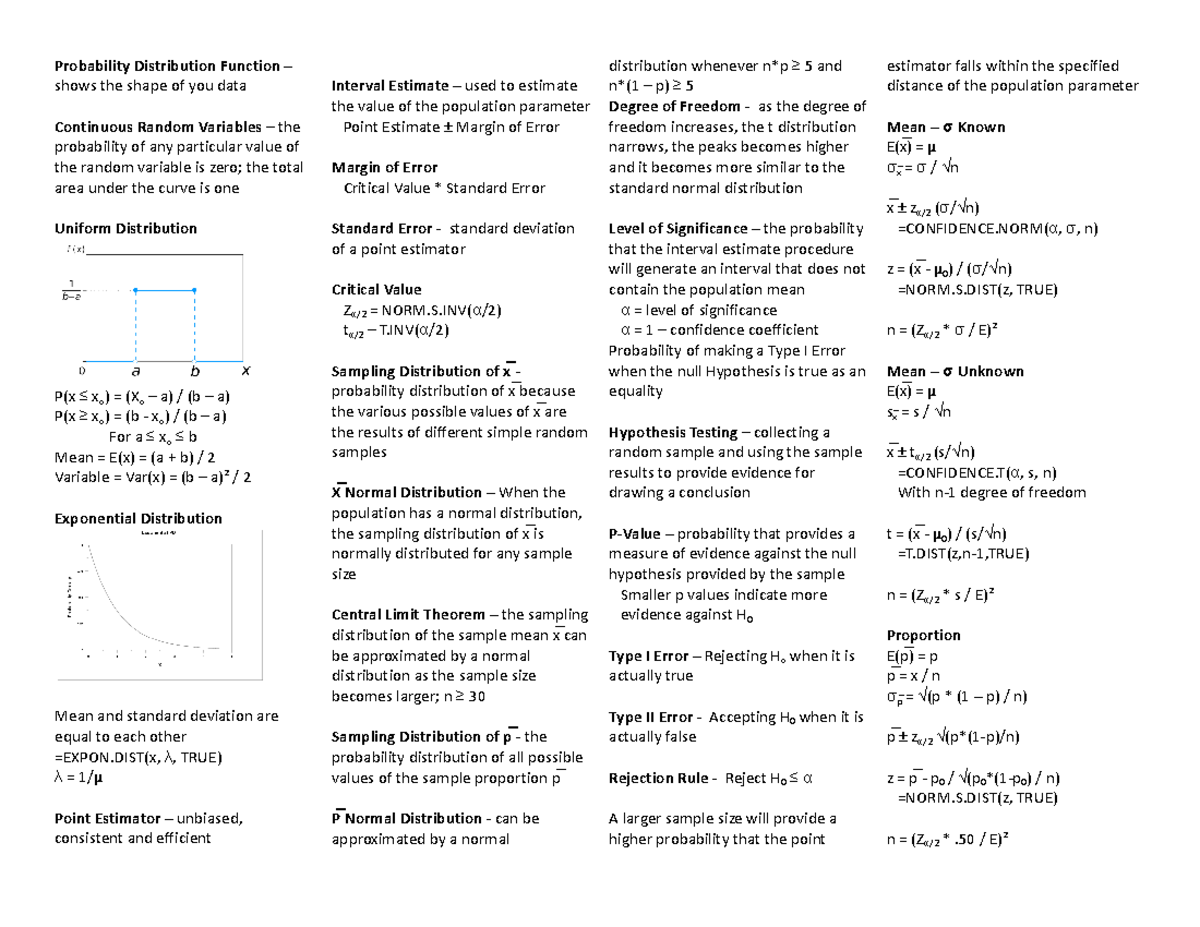 Exam 1 Cheat Sheet Probability Distribution Function Shows The