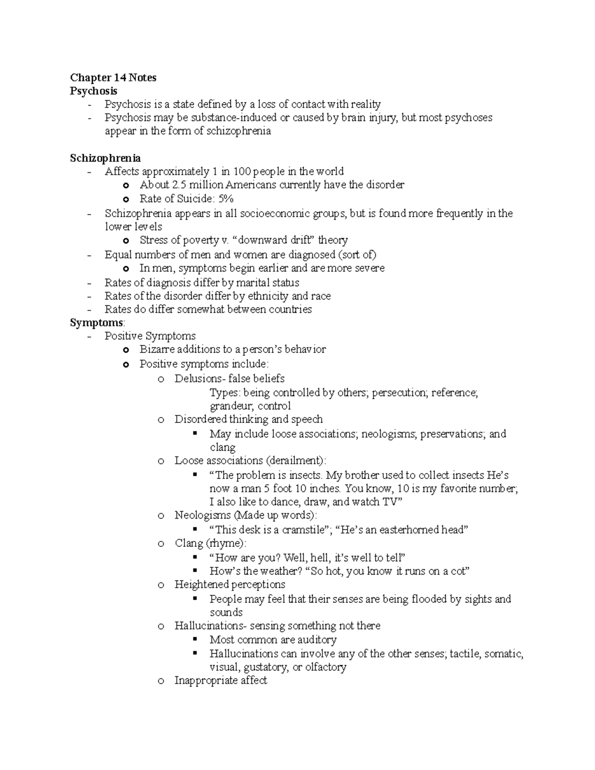 Psy405 Ch14 Lecture Notes Chapter 14 Chapter 14 Notes Psychosis