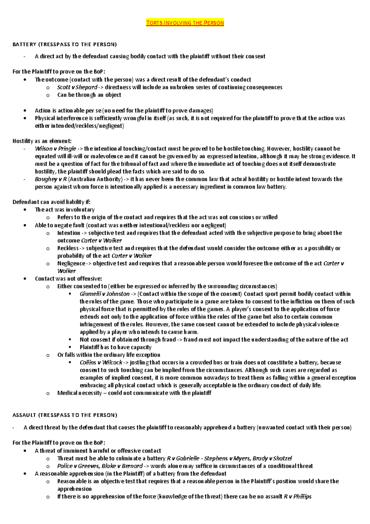 Specific Torts Notes Torts Involving The Person Battery Tresspass To