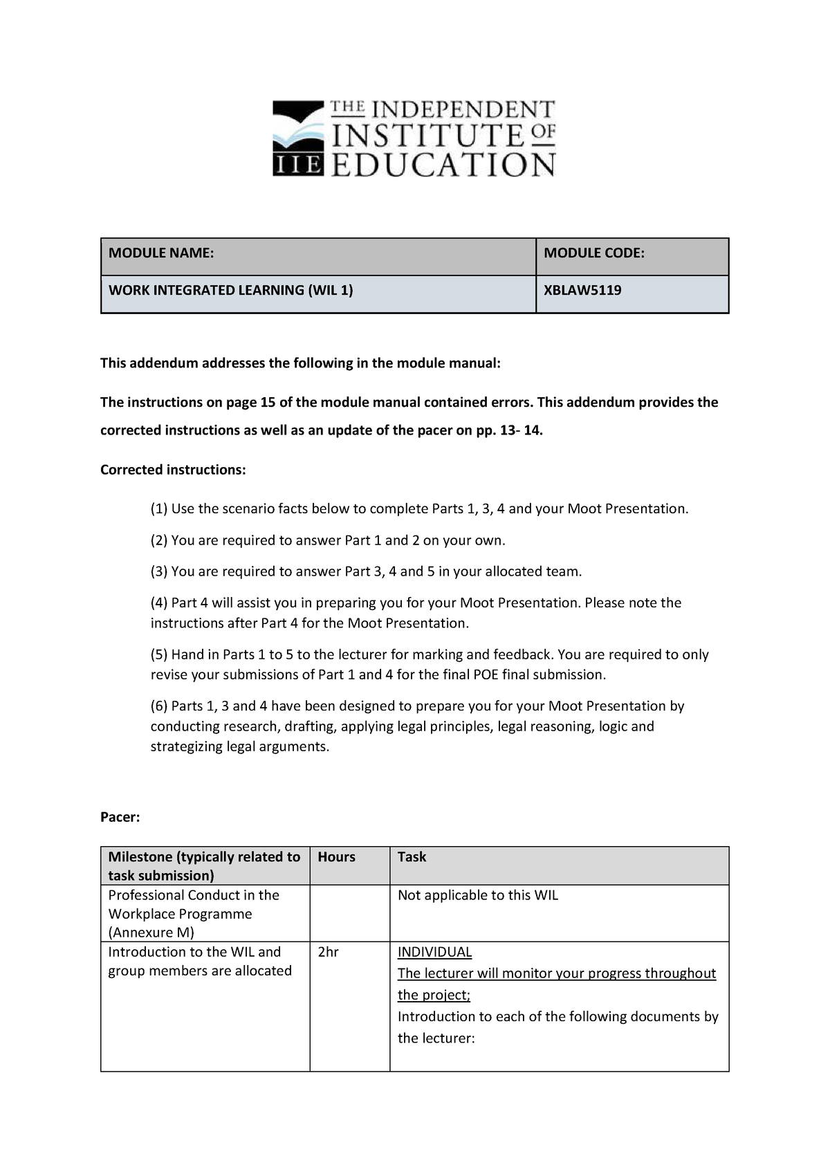 Xblaw 5119 Addendum Re Instructions Module Name Module Code Work