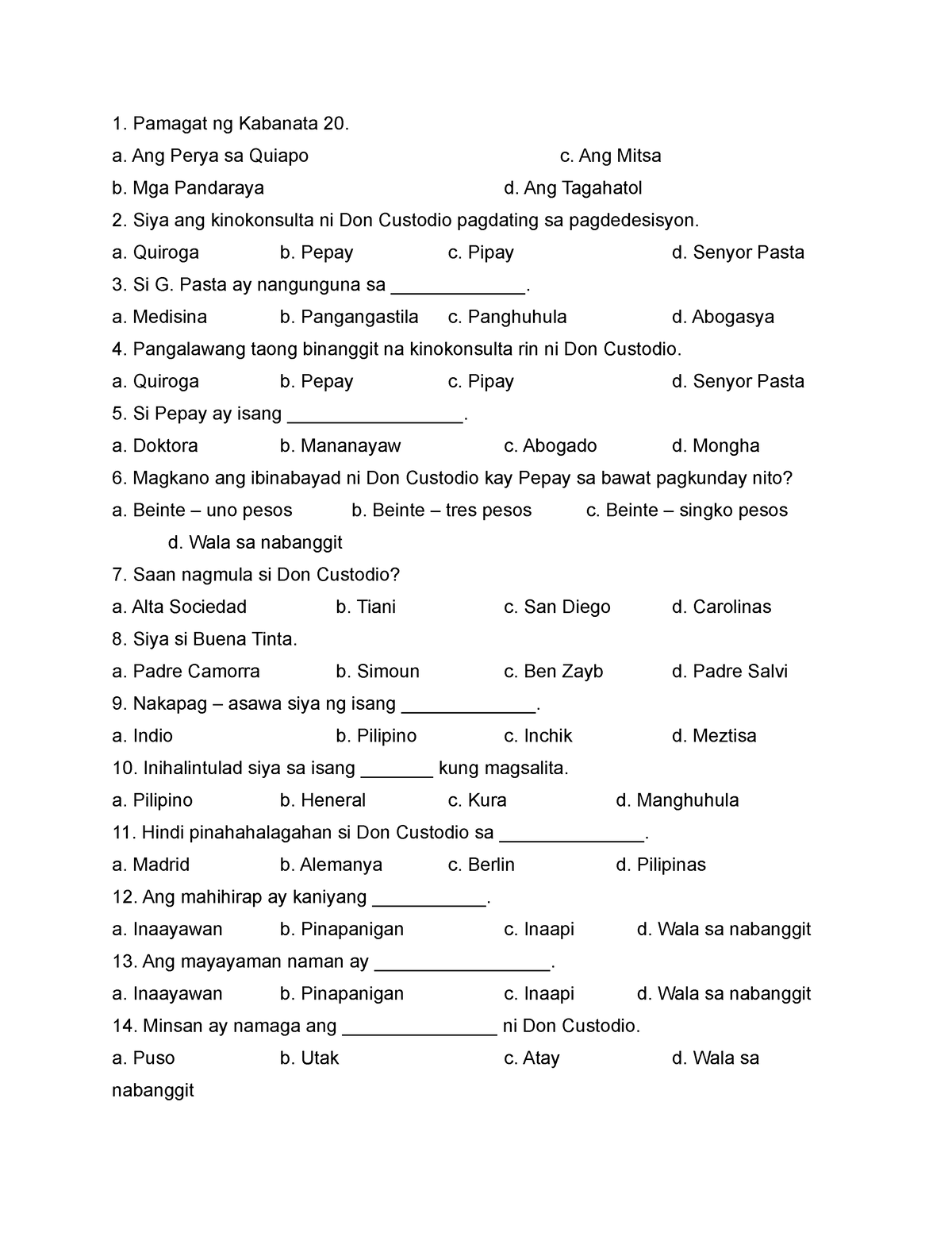 Pagsusulit Sa El Filibusterismo Kabanata 20 Pamagat Ng Kabanata 20