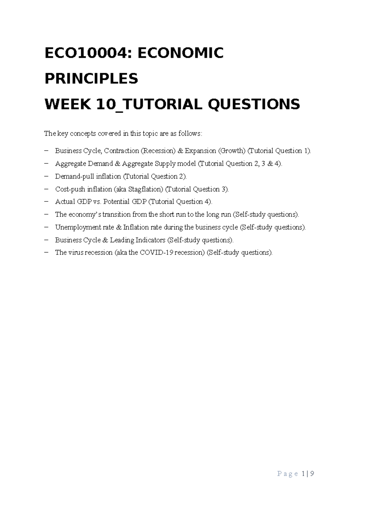 Week 10 Tutorial Questions Eco10004 Economic Principles Week 10