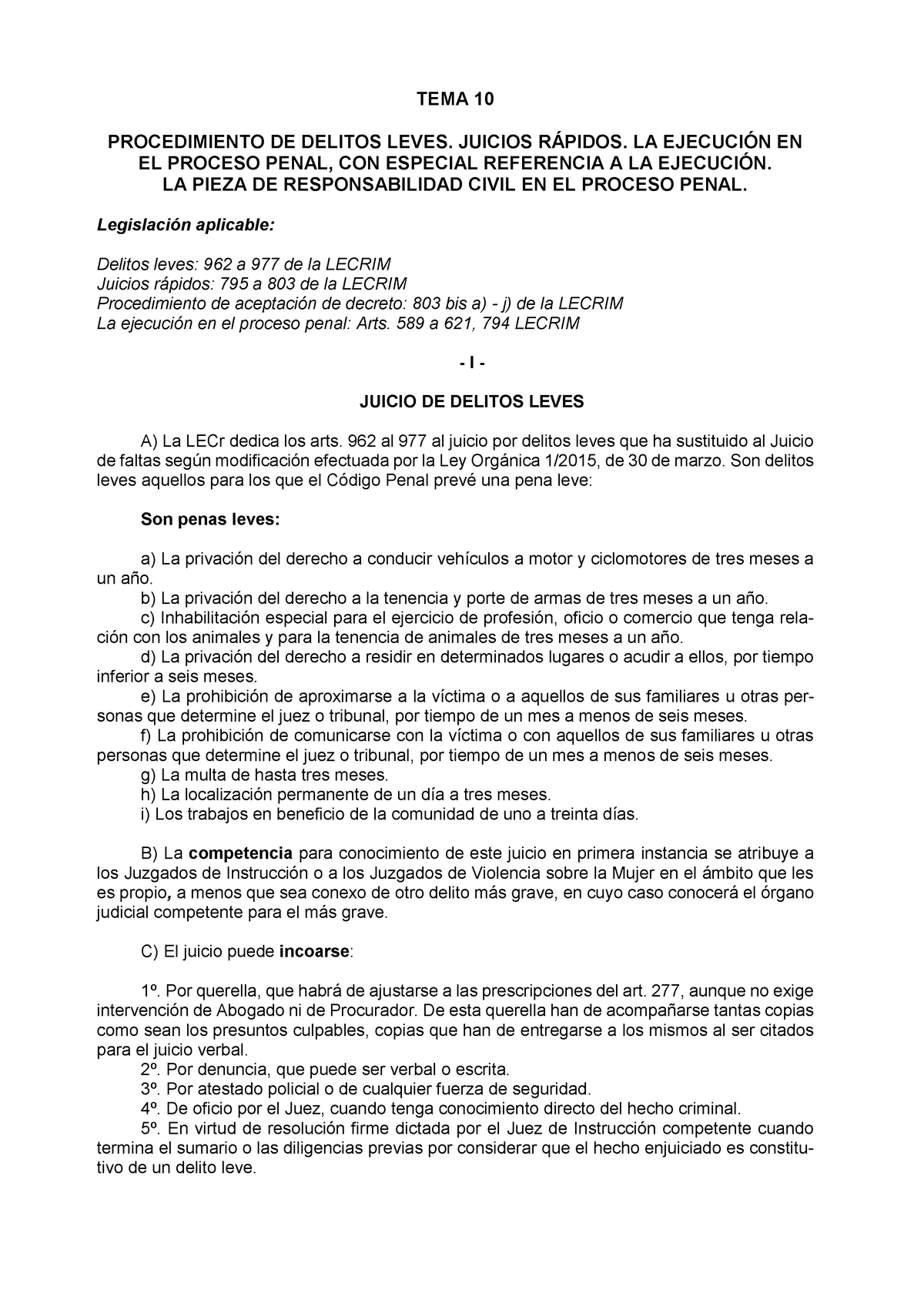 Tema 21 Tramitación Juicio Por Delitos Leves Tema 10 Procedimiento De