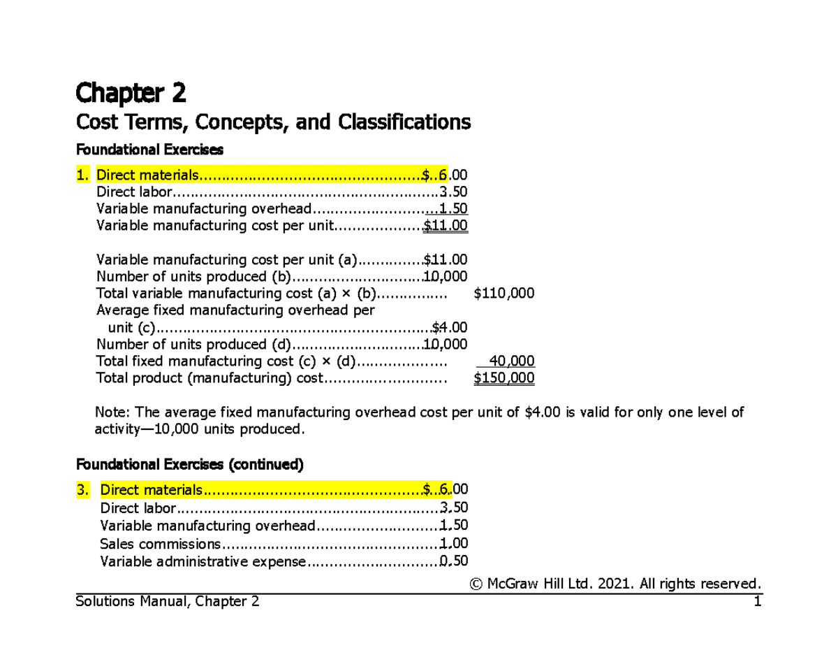 Ch2 Practice Solutions Chapter 2 Cost Terms Concepts And