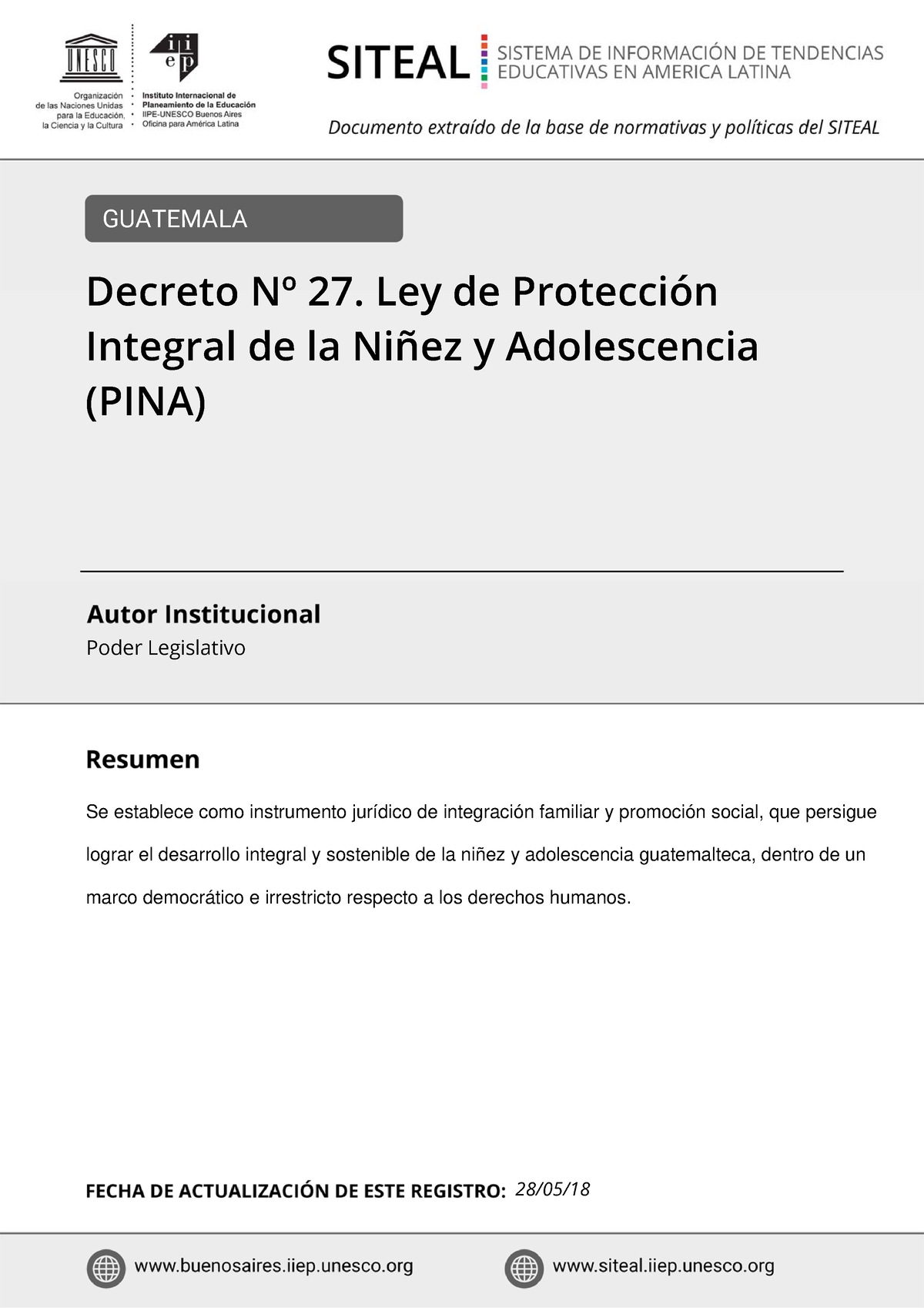 Dto 27 2003 Ley De Protección Integral De La Niñez Y Adolescencia