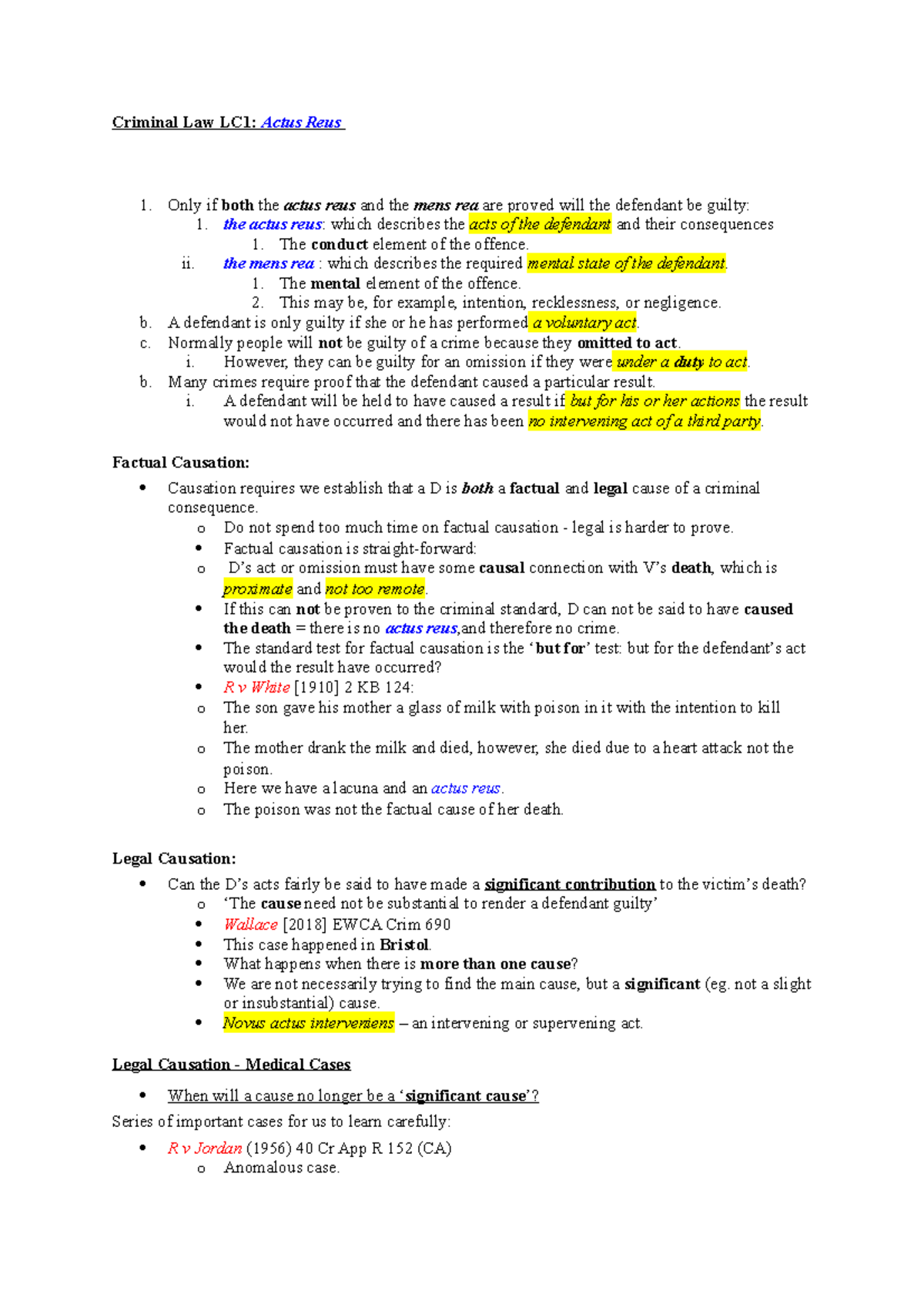 Criminal Law Lecture Notes 1 Criminal Law Lc1 Actus Reus Only If