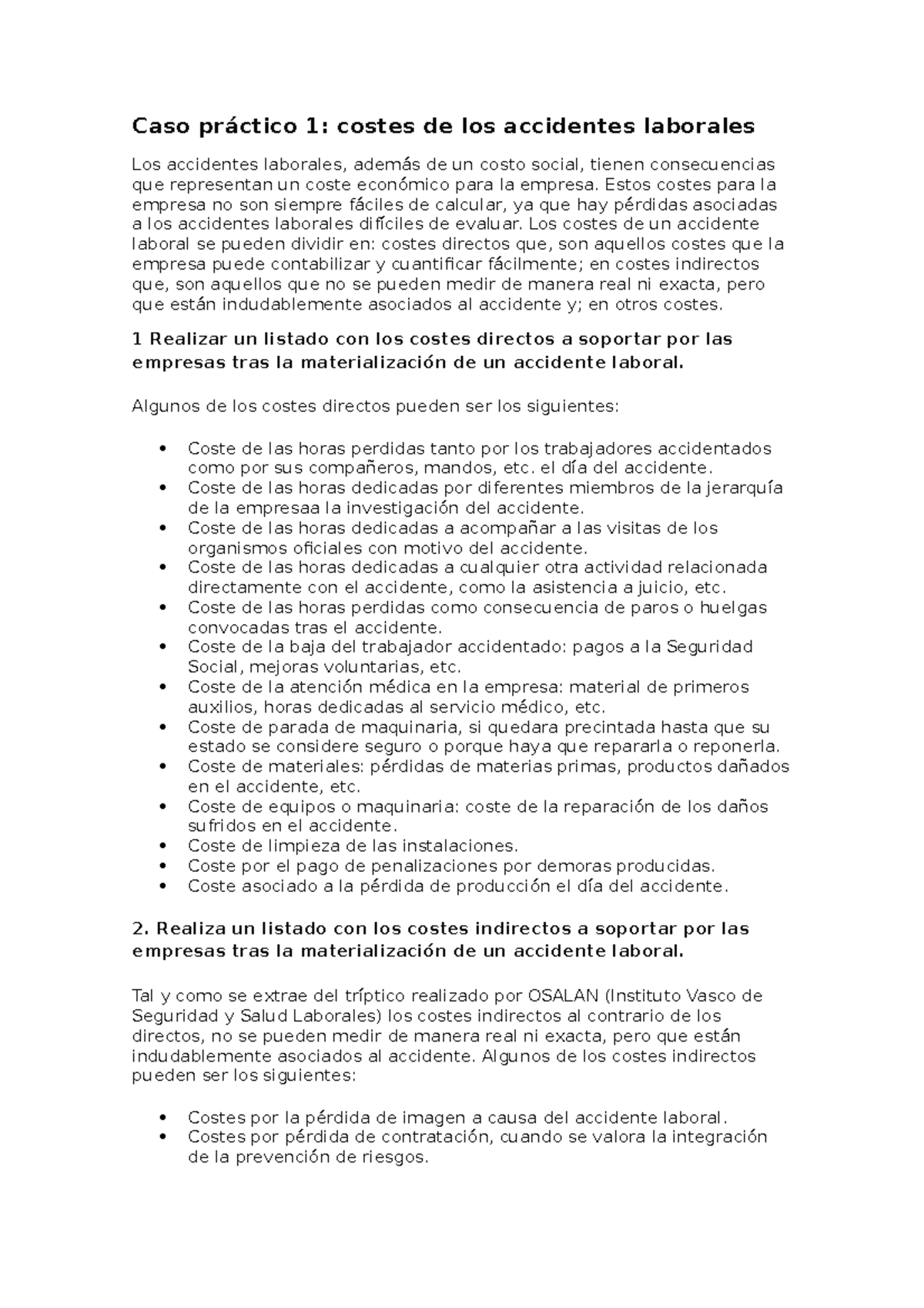 Casos Prácticos 1 Y 2 Caso Práctico 1 Costes De Los Accidentes